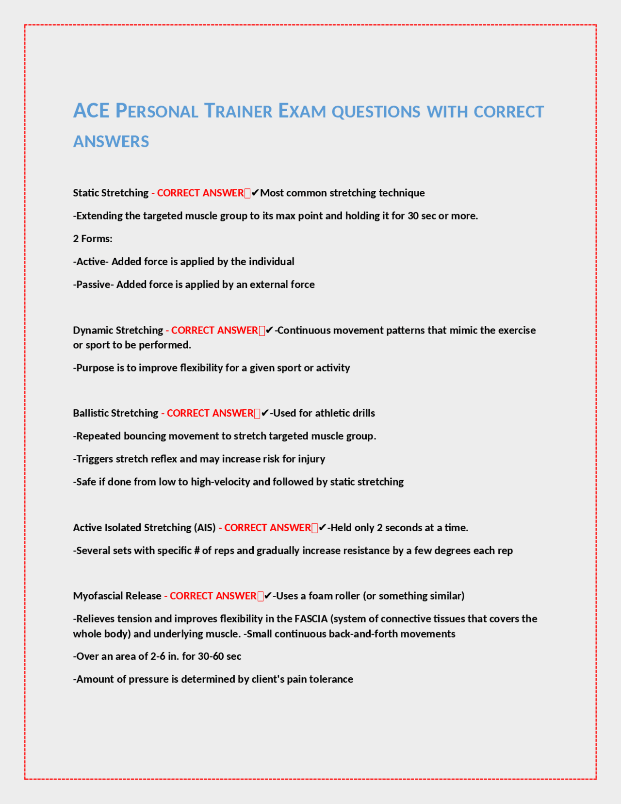 ACE Personal Trainer Exam Questions with Correct Answers | Exams Health ...