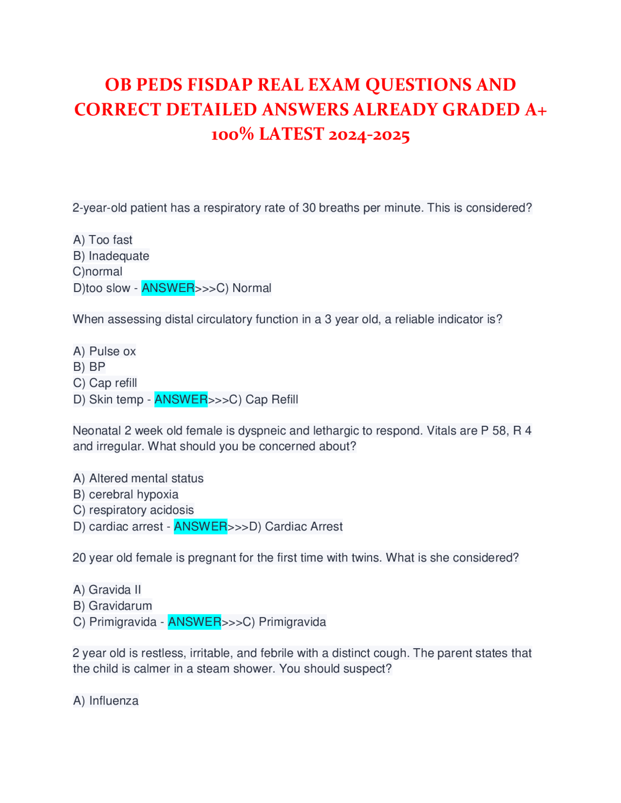 OB PEDS FISDAP Real Exam Questions and Answers: A Comprehensive Guide for 2024-2025 | Exams ...