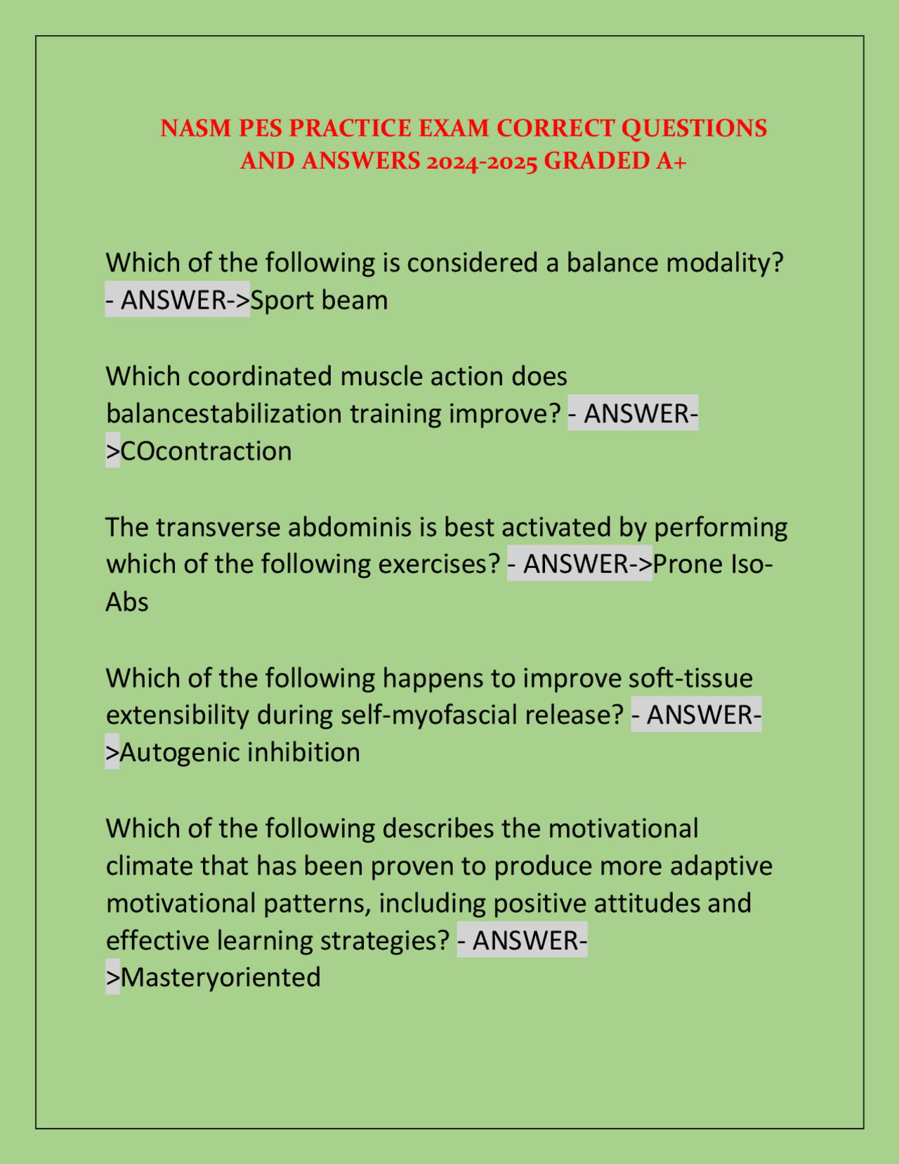 NASM PES PRACTICE EXAM CORRECT QUESTIONS AND ANSWERS 2024-2025 GRADED ...