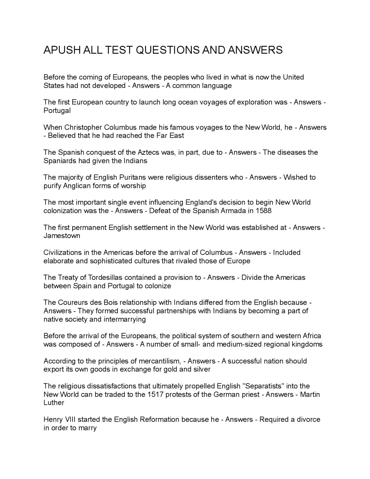 APUSH Multiple Choice Questions and Answers: Early American History ...