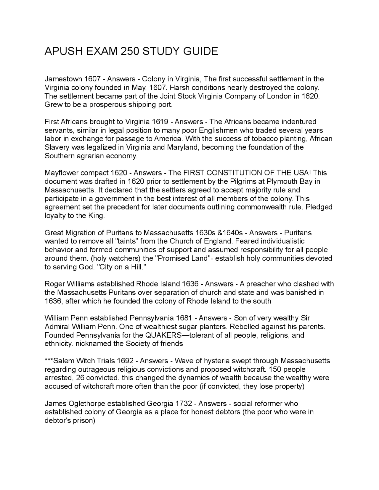 APUSH Exam Study Guide: Jamestown to the Revolution | Exams Social ...