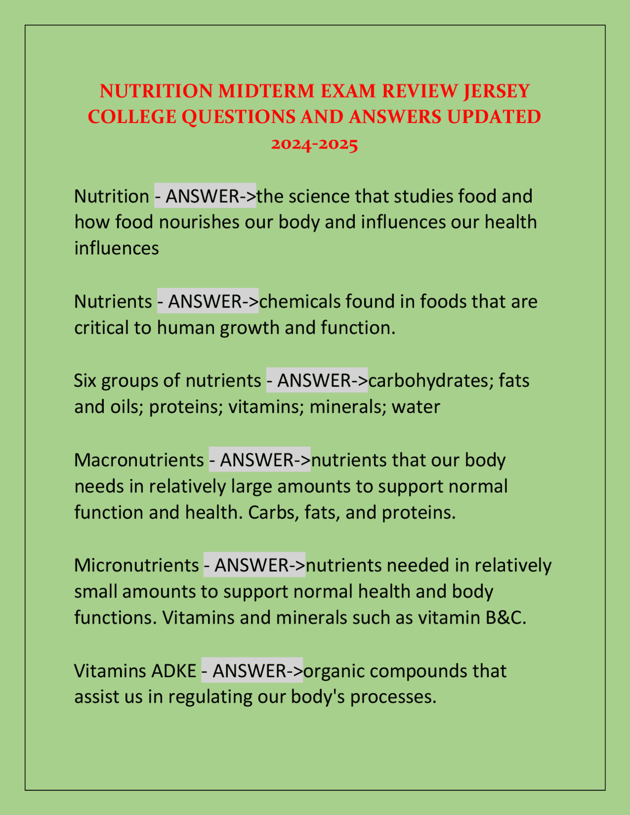 Nutrition Midterm Exam Review: Jersey College Questions and Answers | Exams Nursing | Docsity