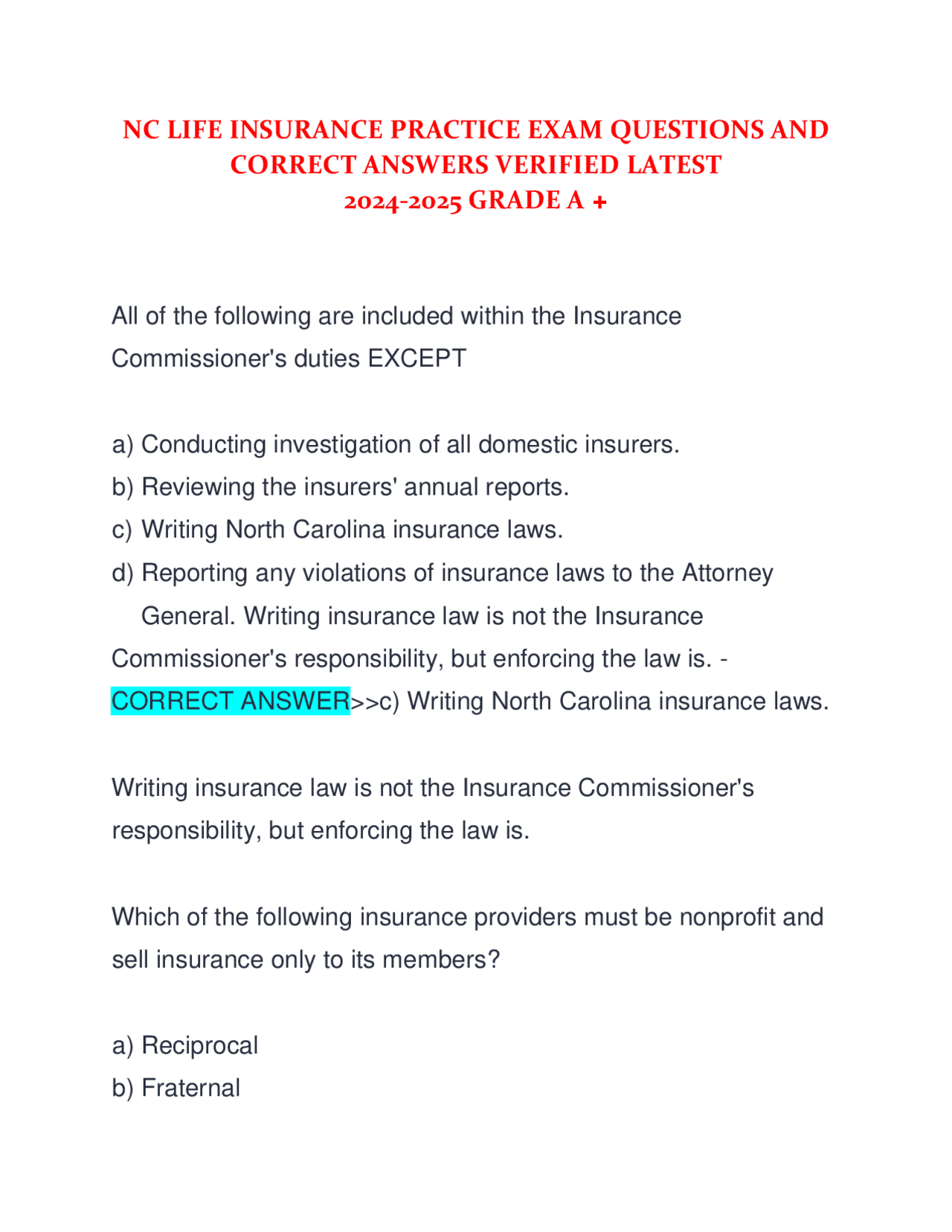 NC LIFE INSURANCE PRACTICE EXAM QUESTIONS AND CORRECT ANSWERS VERIFIED ...