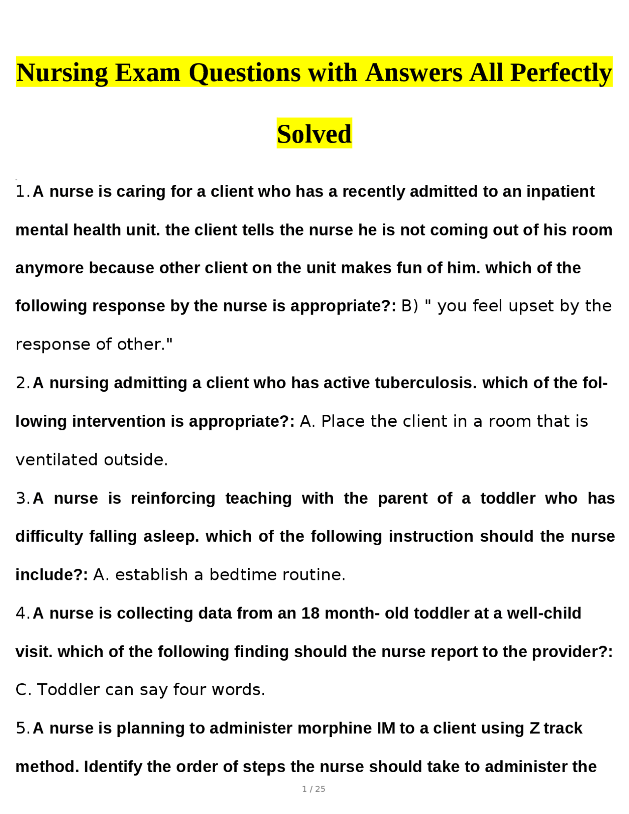 Nursing Exam Questions with Answers All Perfectly Solved | Exams ...