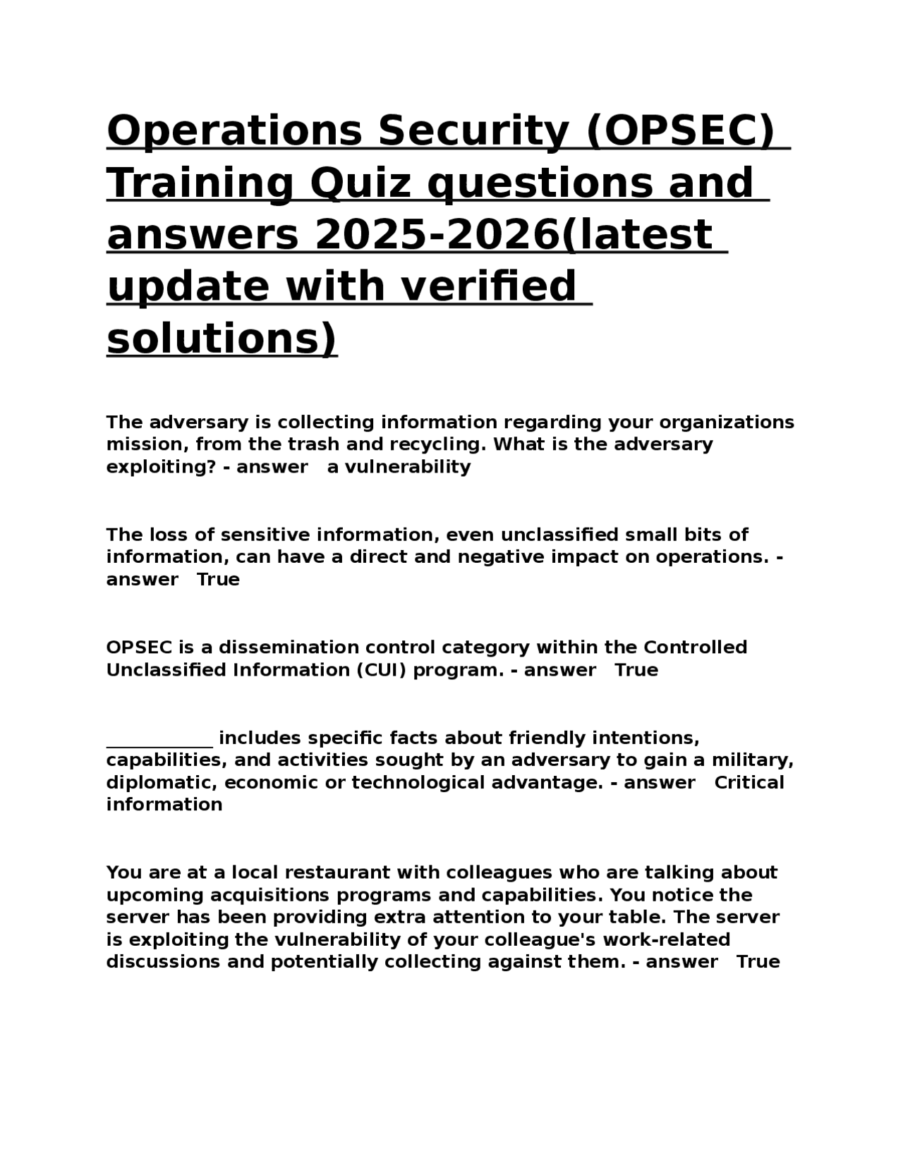 Operations Security (OPSEC) Training Quiz questions and answers 2025 ...