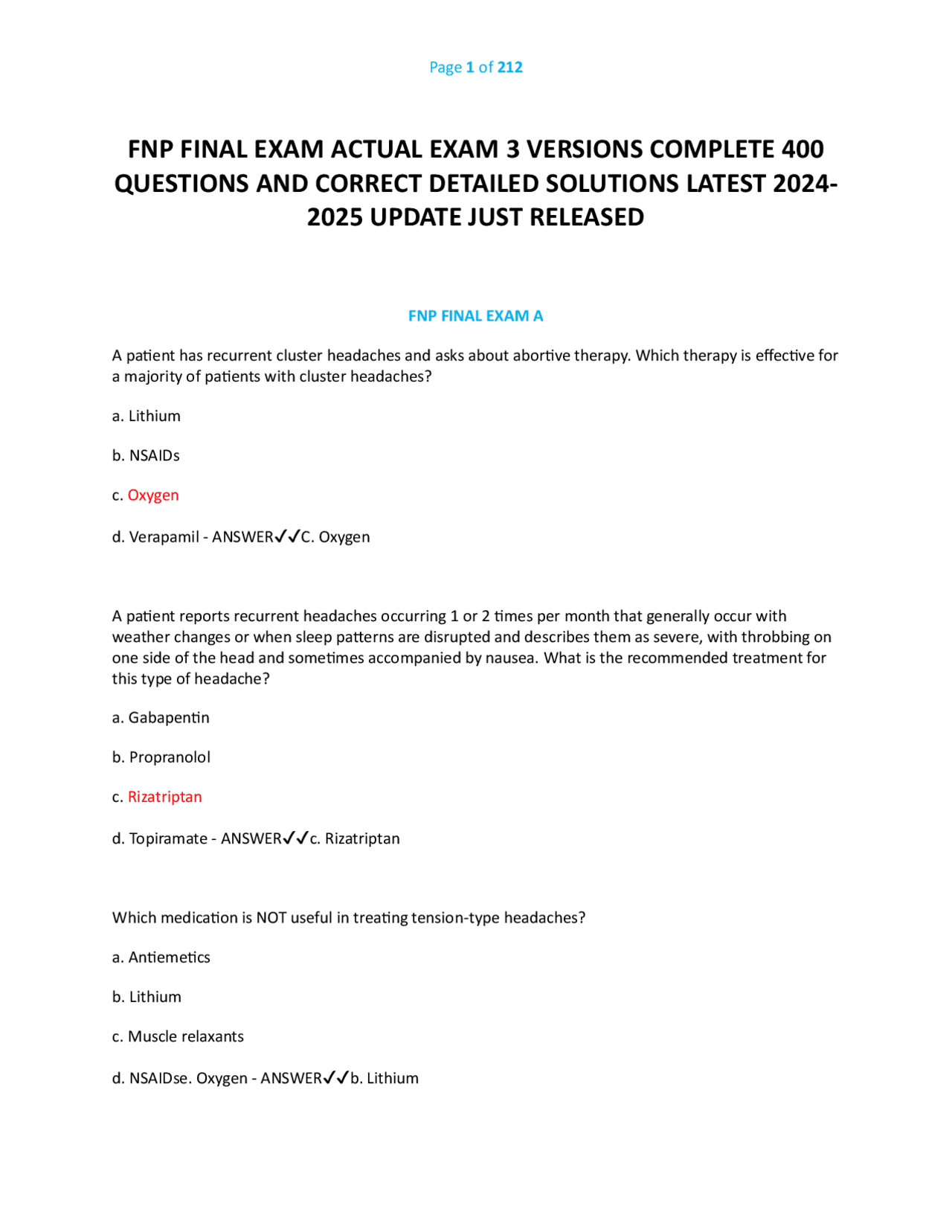 FNP FINAL EXAM ACTUAL EXAM 3 VERSIONS COMPLETE 400 QUESTIONS AND ...