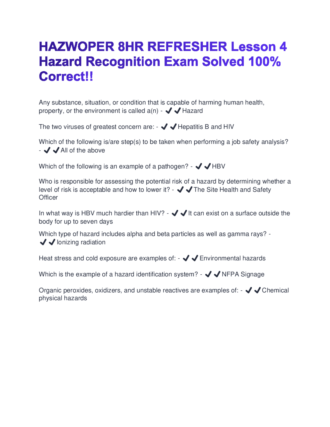 HAZWOPER 8HR Refresher Lesson 4: Hazard Recognition Exam Solved | Exams ...