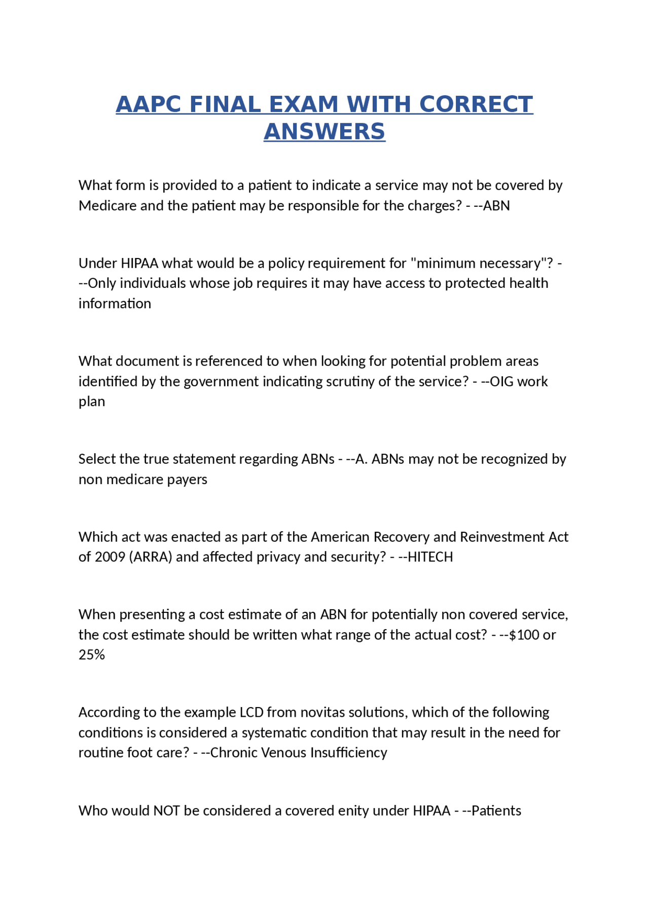 AAPC Final Exam with Correct Answers: Medical Coding Practice Questions ...