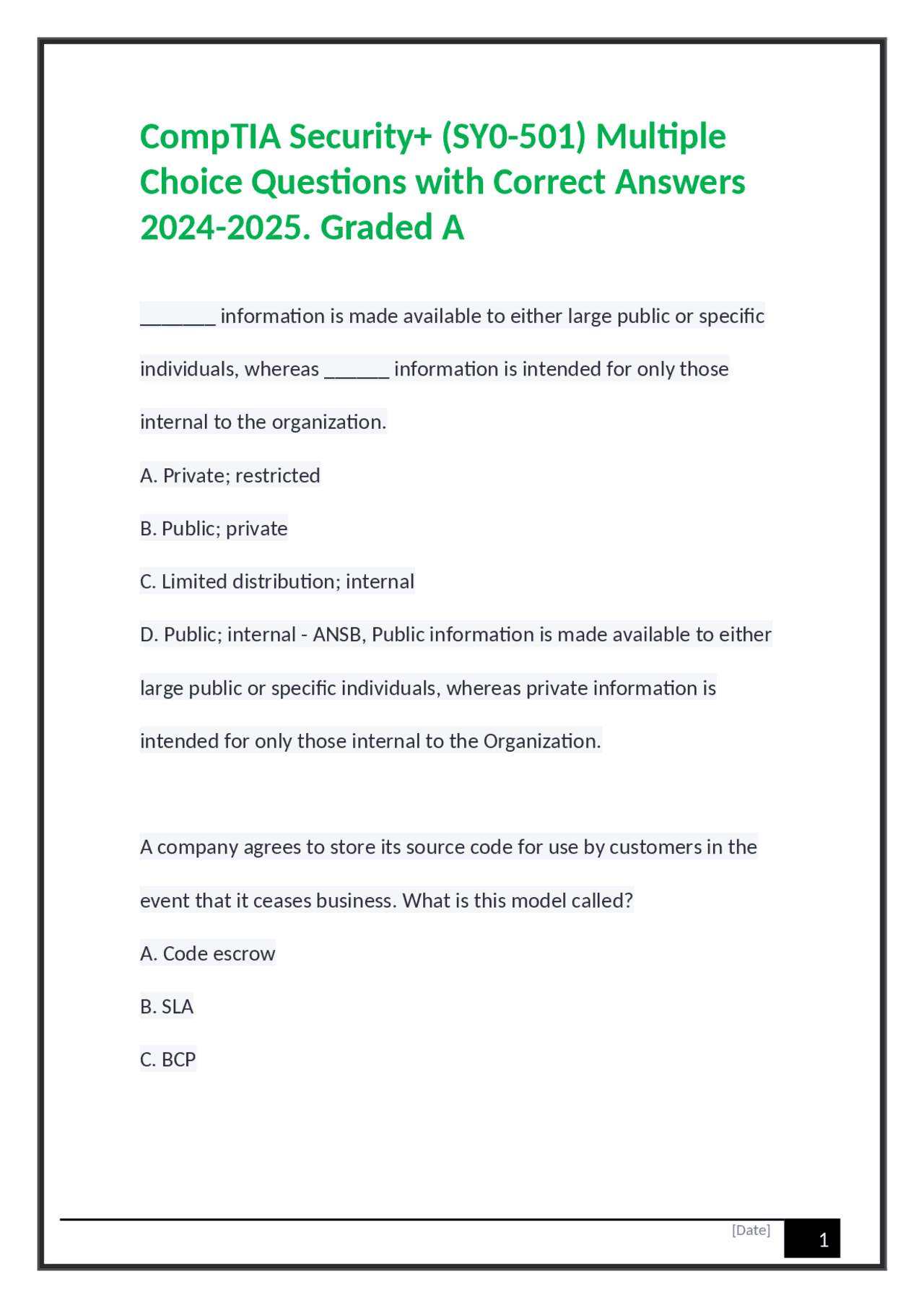 CompTIA Security+ (SY0-501) Multiple Choice Questions with Correct ...