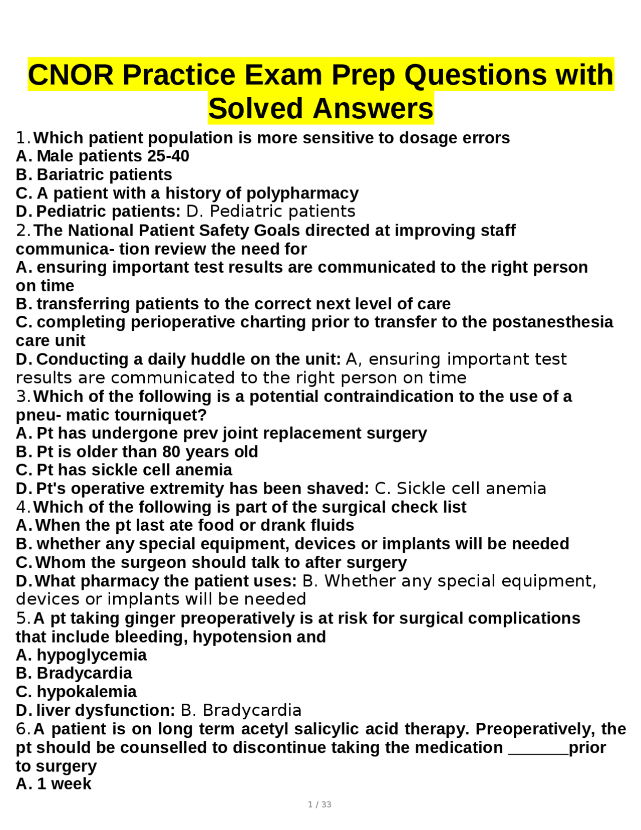 CNOR Practice Exam Prep Questions with Solved Answers | Exams Nursing ...