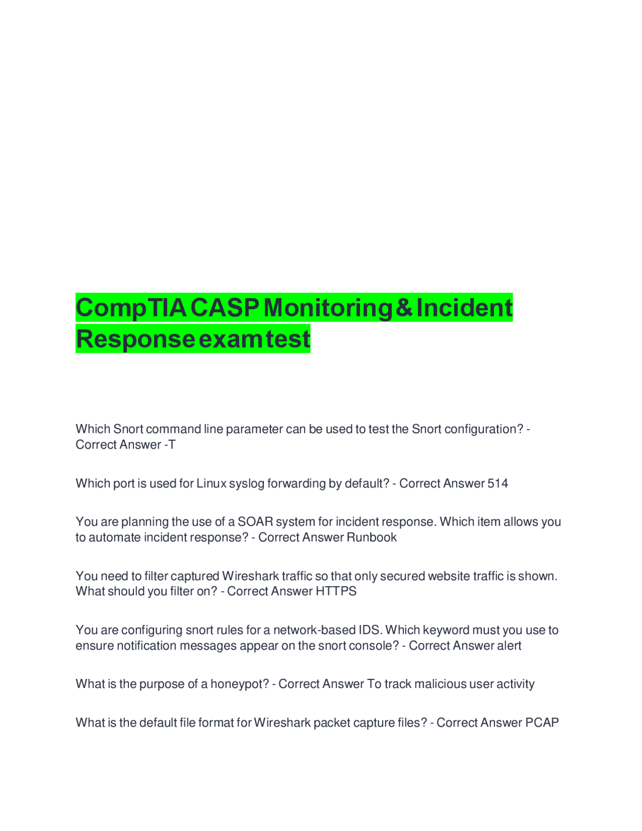 CompTIA CASP Monitoring & Incident Response Exam Questions and Answers ...