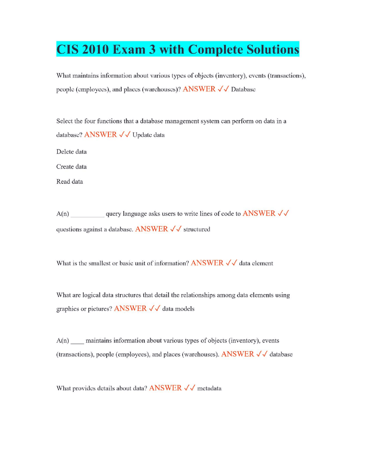 CIS 2010 Exam 3 with Complete Solutions | Exams Computer Science | Docsity