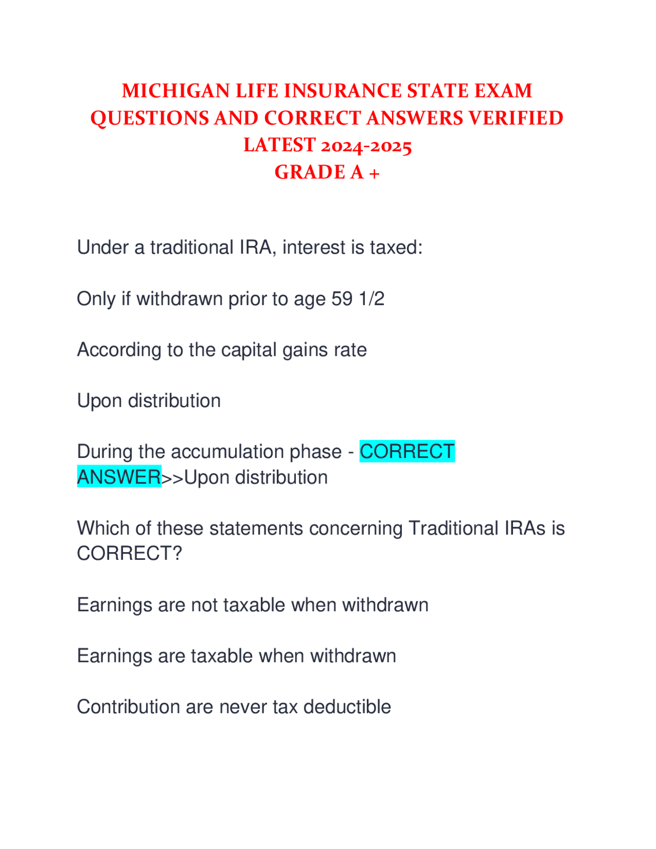 Michigan Life Insurance State Exam Questions and Answers | Exams ...