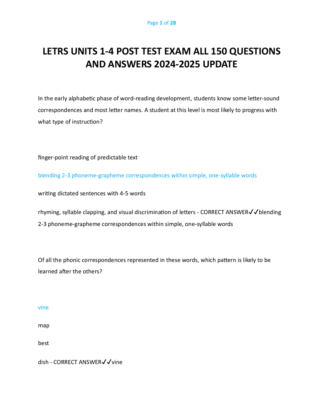 LETRS UNITS 1-4 POST TEST EXAM ALL 150 QUESTIONS AND ANSWERS 2024-2025 ...