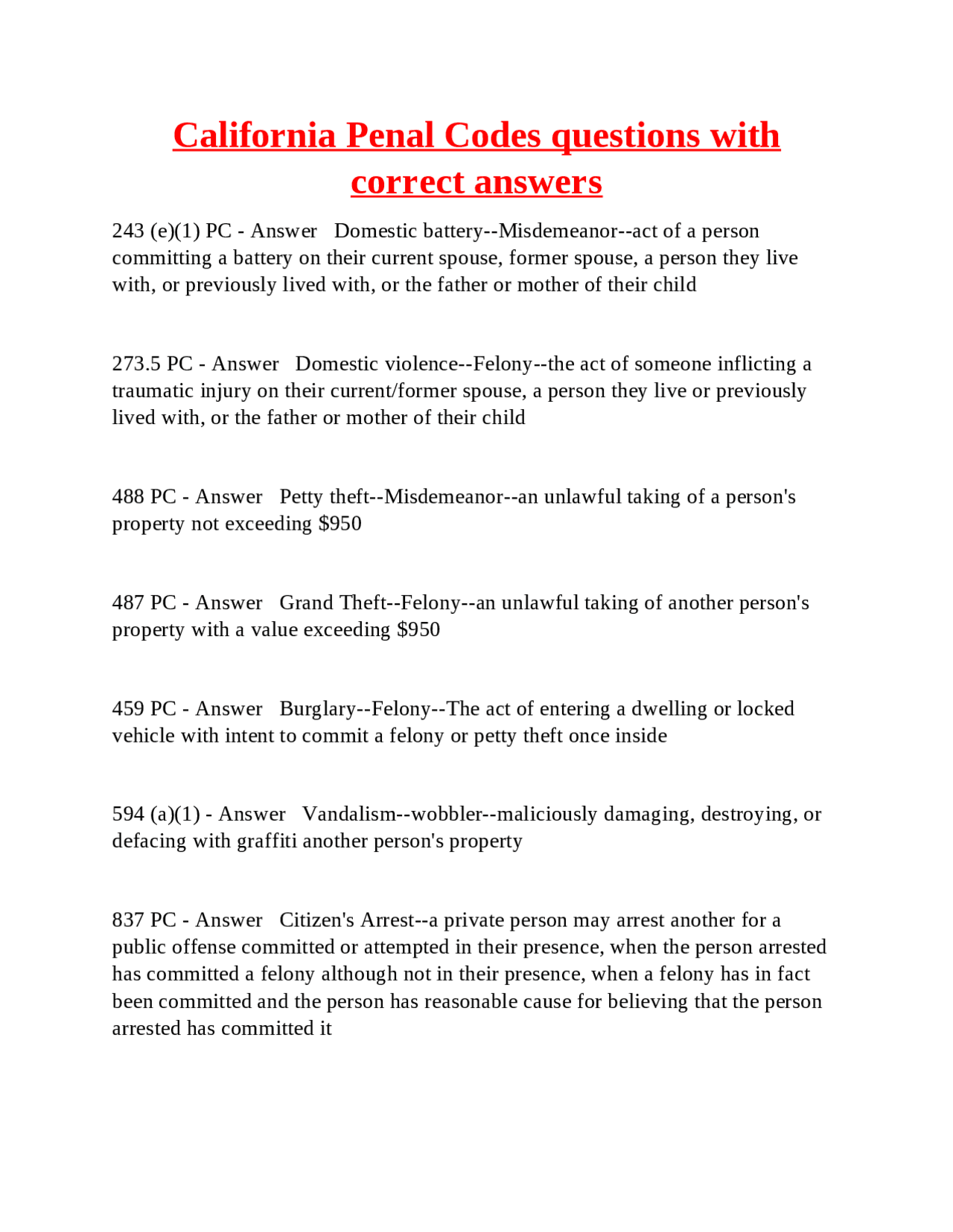 California Penal Codes: Questions and Answers | Exams Economics | Docsity