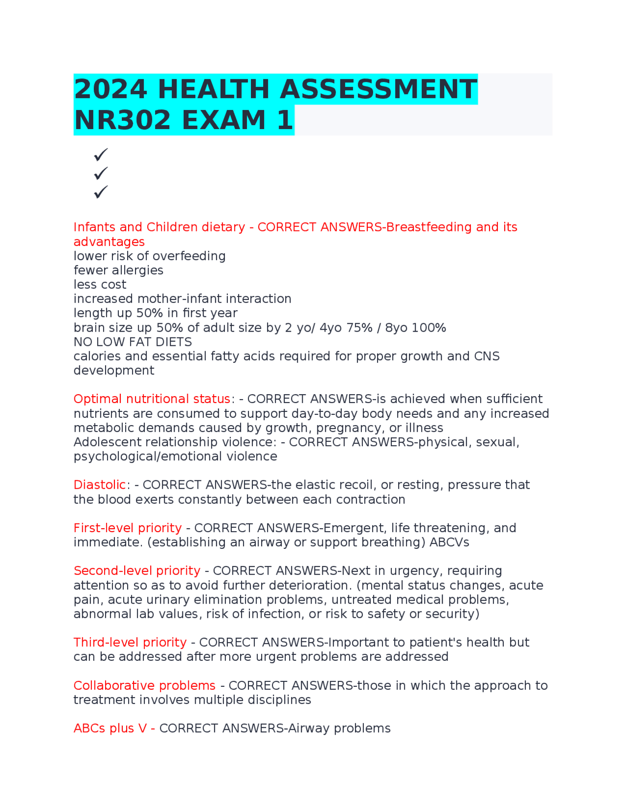 NR302 Exam 1: Health Assessment - Infants, Children, and Adolescents ...