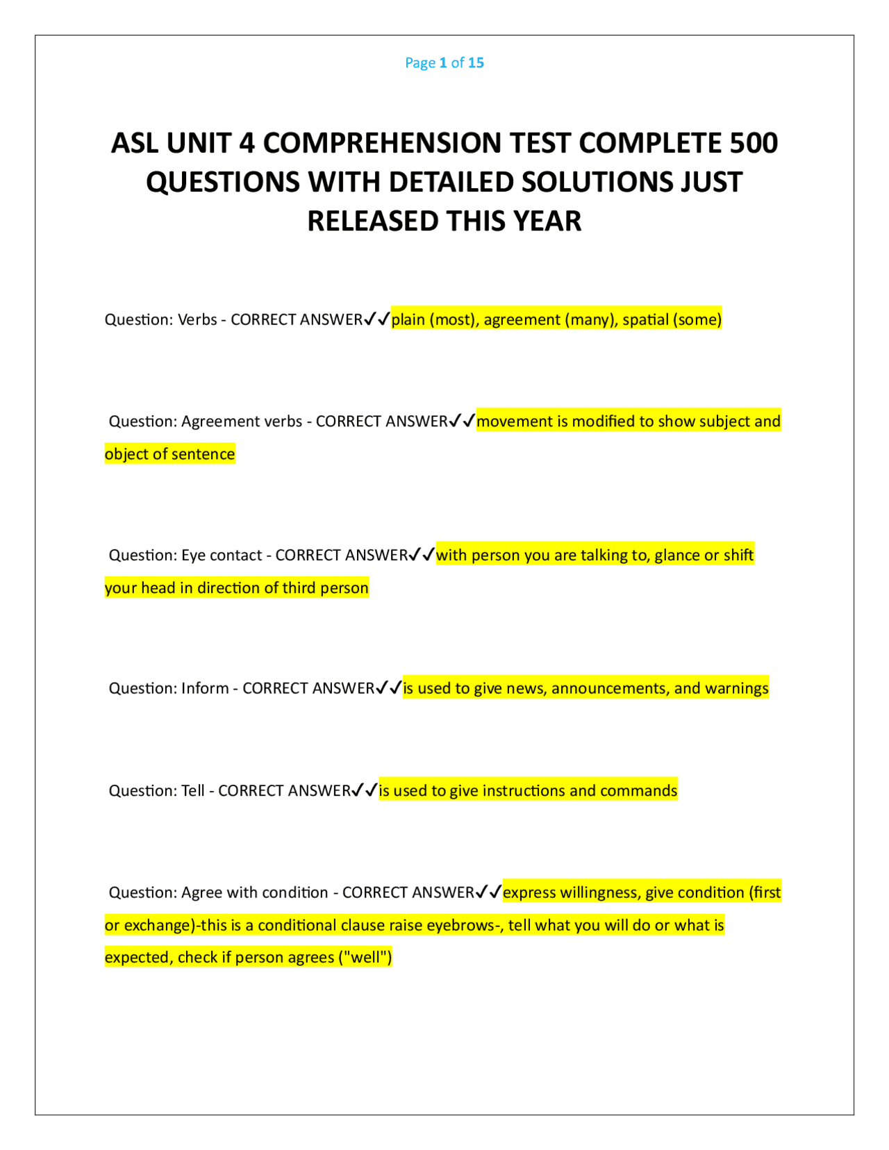 ASL Unit 4 Comprehension Test: Questions and Answers | Exams Nursing ...