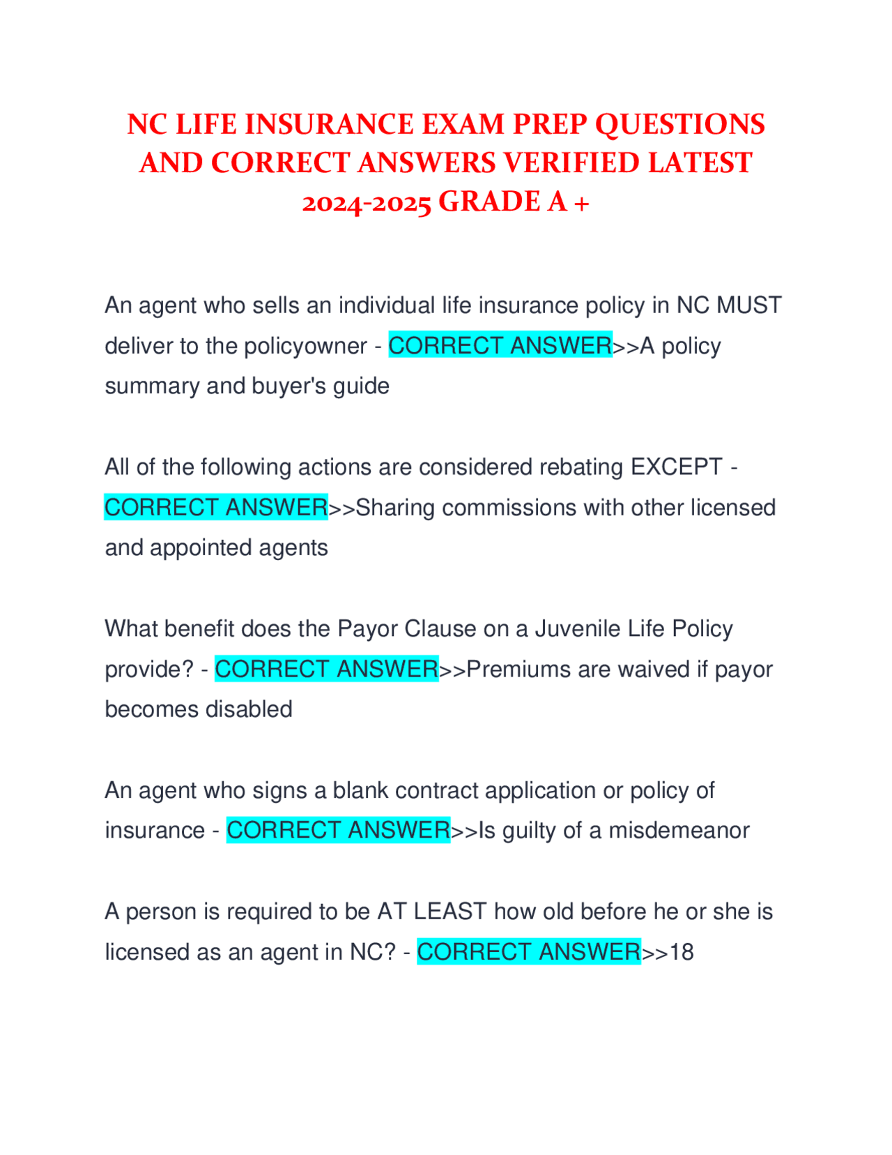 NC LIFE INSURANCE EXAM PREP QUESTIONS AND CORRECT ANSWERS VERIFIED ...