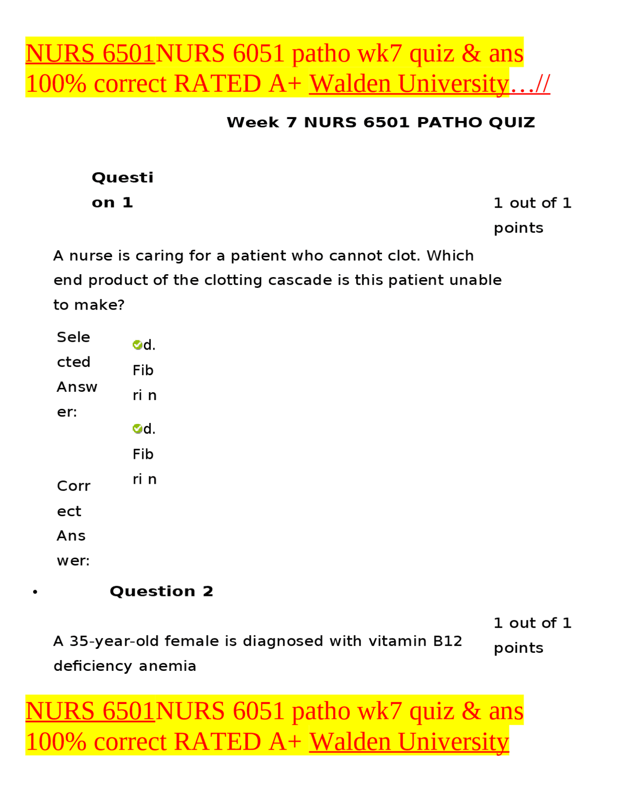 NURS 6501/6051 Pathophysiology Week 7 Quiz: Multiple Choice Questions ...