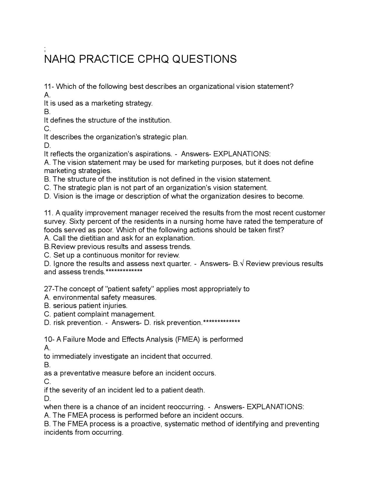NAHQ Practice CPHQ Questions: A Guide to Quality Improvement in ...