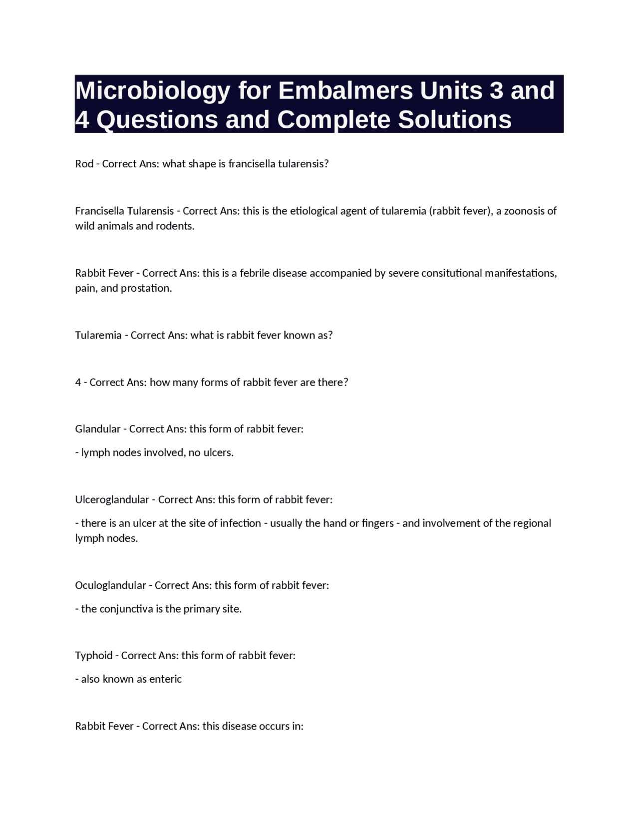 Microbiology for Embalmers: Units 3 and 4 Questions and Answers | Exams ...
