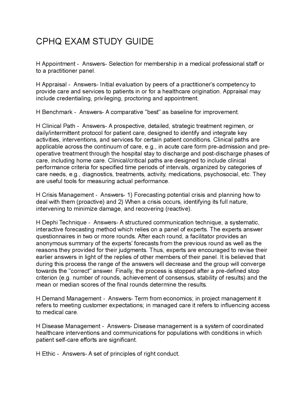 CPHQ EXAM STUDY GUIDE QUESTIONS | Exams Nursing | Docsity