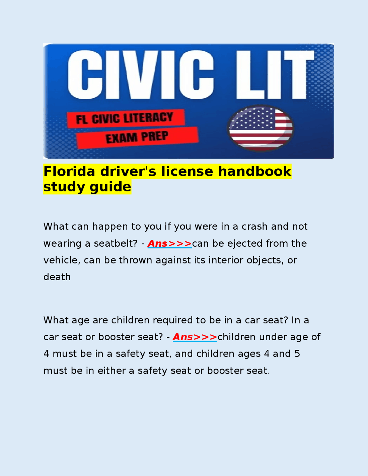 Florida Driver's License Handbook Study Guide: Questions and Answers ...