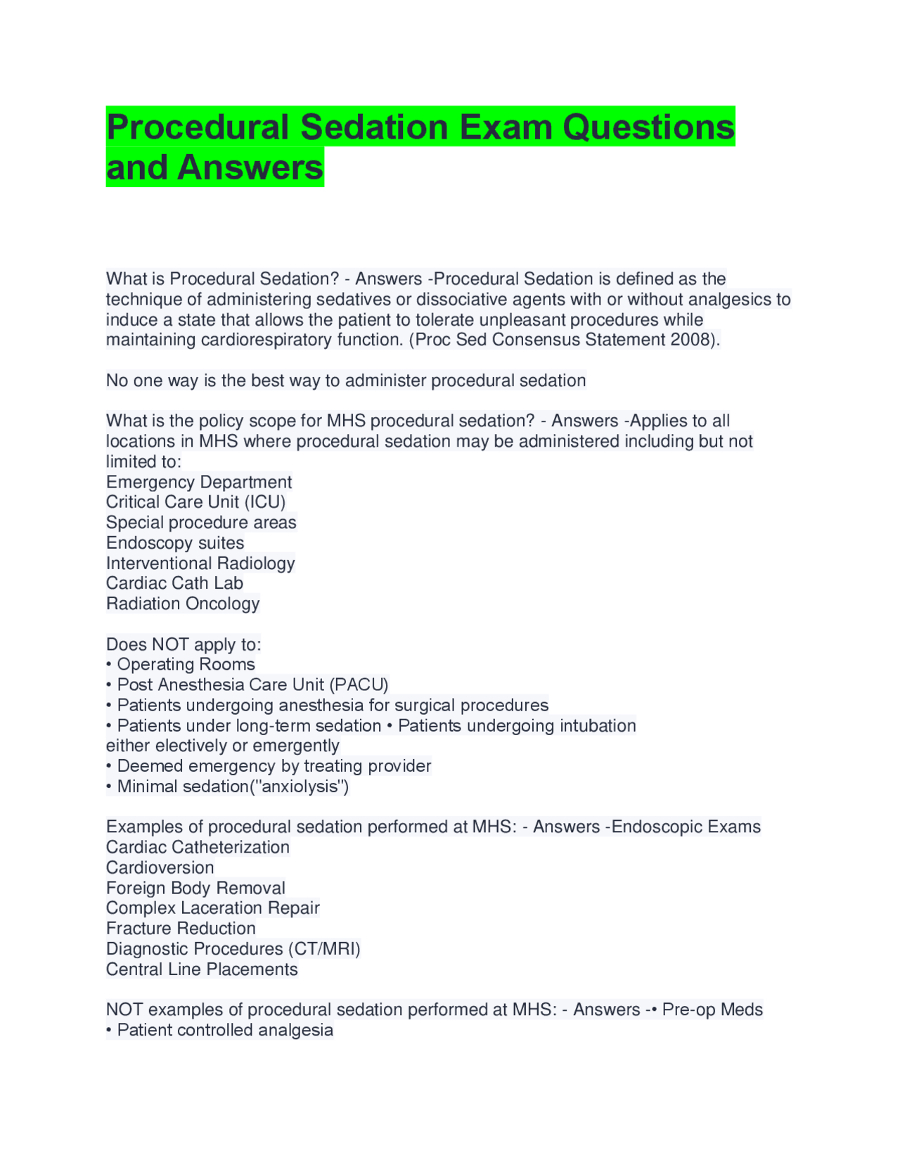 Procedural Sedation Exam Questions and Answers | Exams Advanced ...