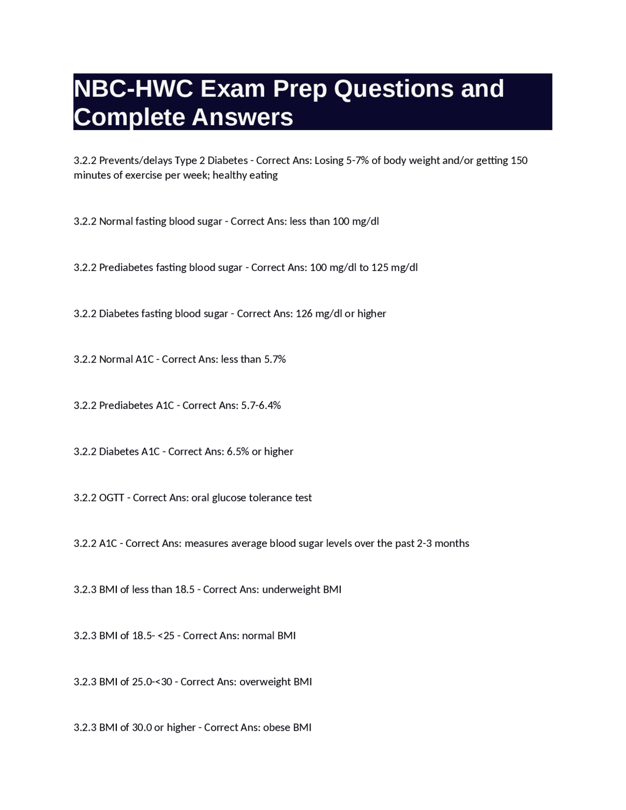 NBC-HWC Exam Prep Questions and Answers: A Guide to Health and Wellness ...