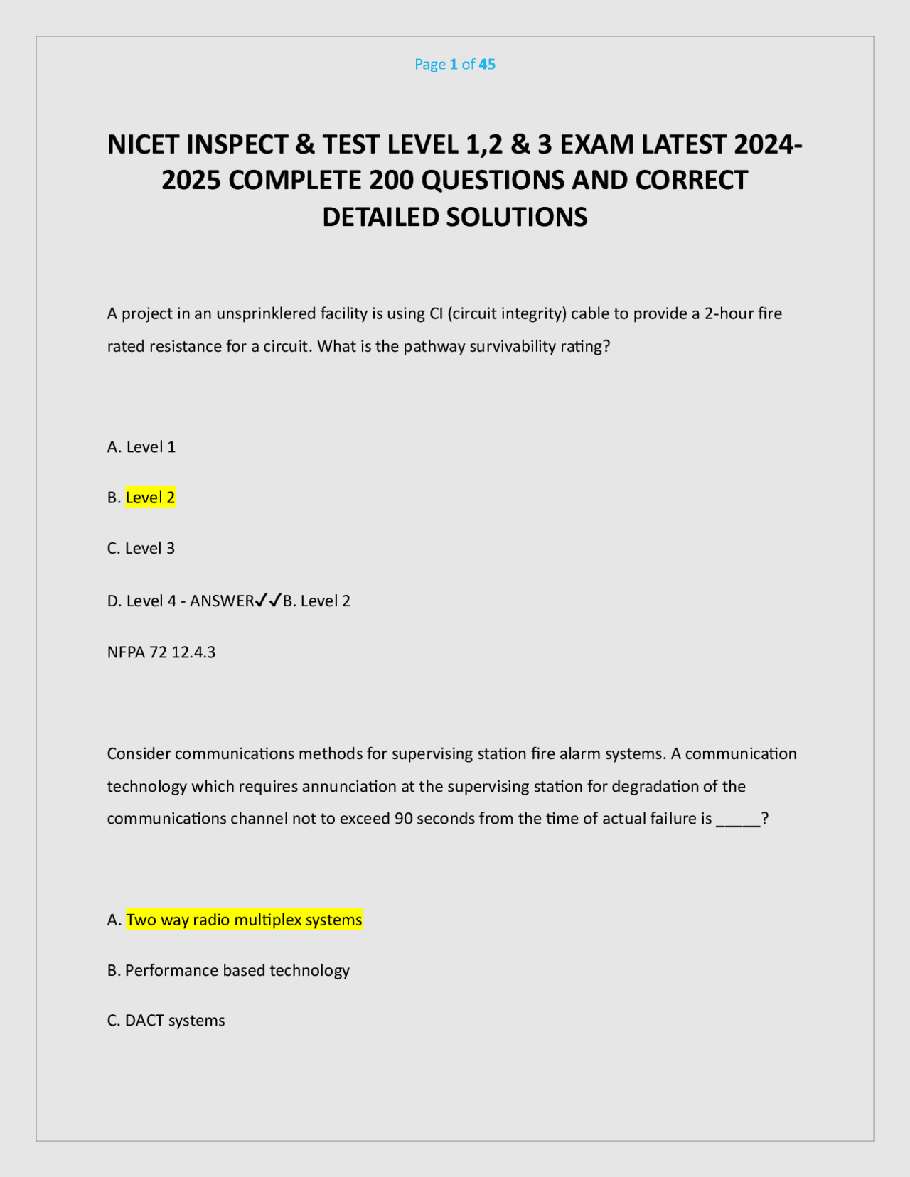 NICET INSPECT & TEST LEVEL 1,2 & 3 EXAM LATEST 2024 2025 COMPLETE 200 ...