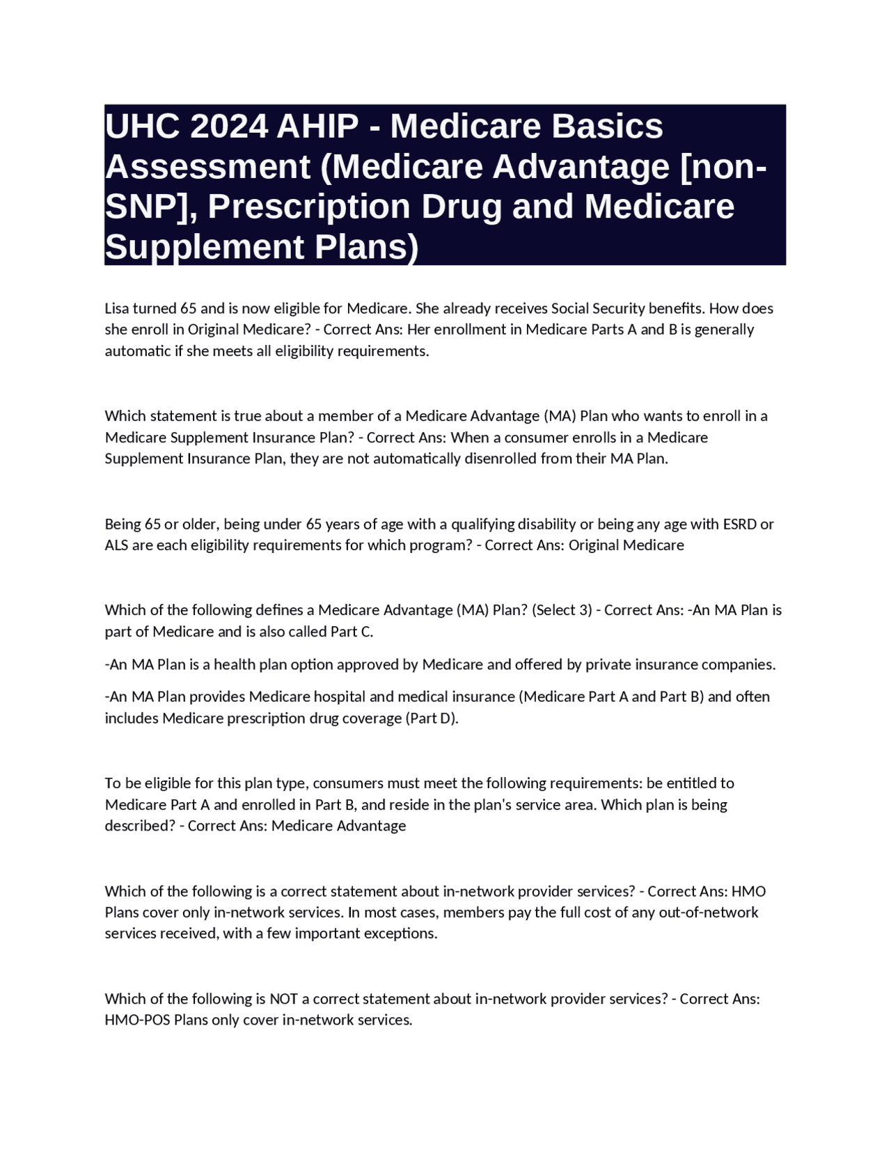UHC 2024 AHIP - Medicare Basics Assessment (Medicare Advantage [non-SNP ...