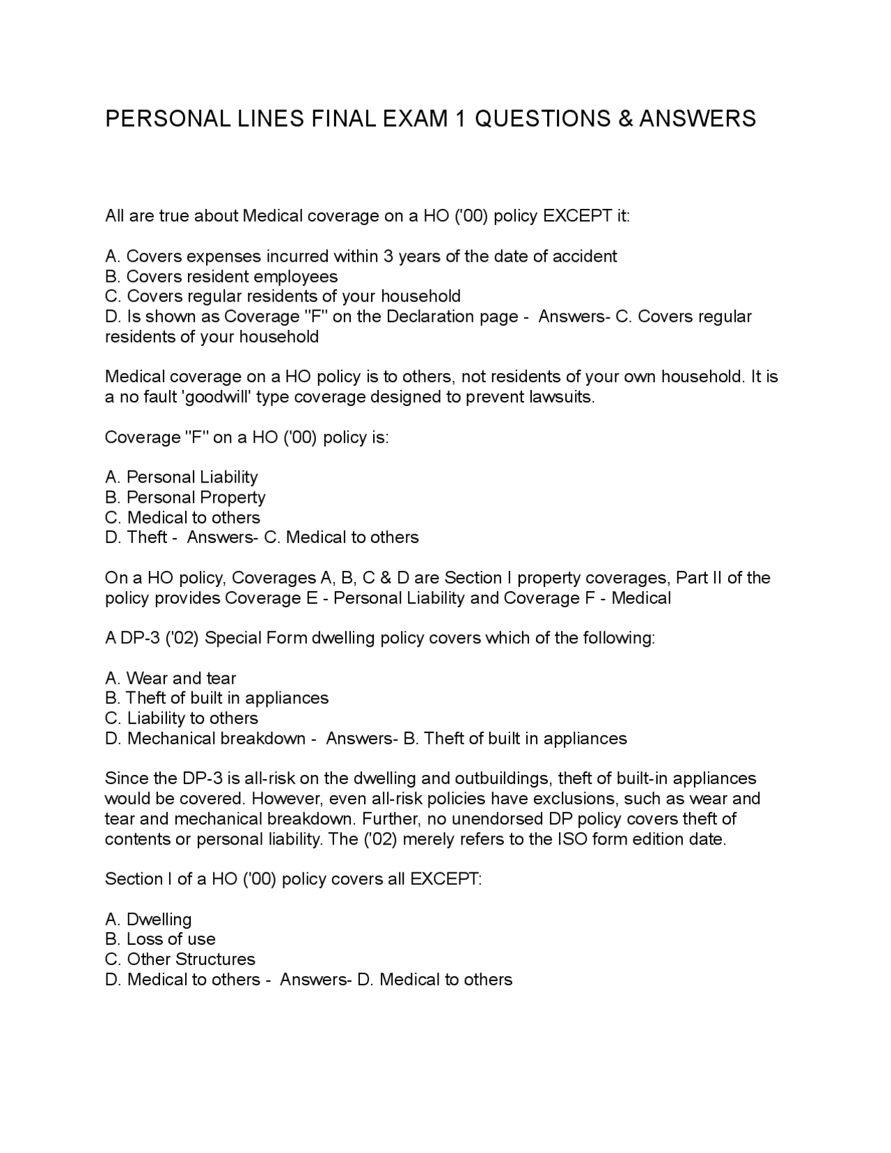 PERSONAL LINES FINAL EXAM 1 QUESTIONS & ANSWERS | Exams Social Sciences ...