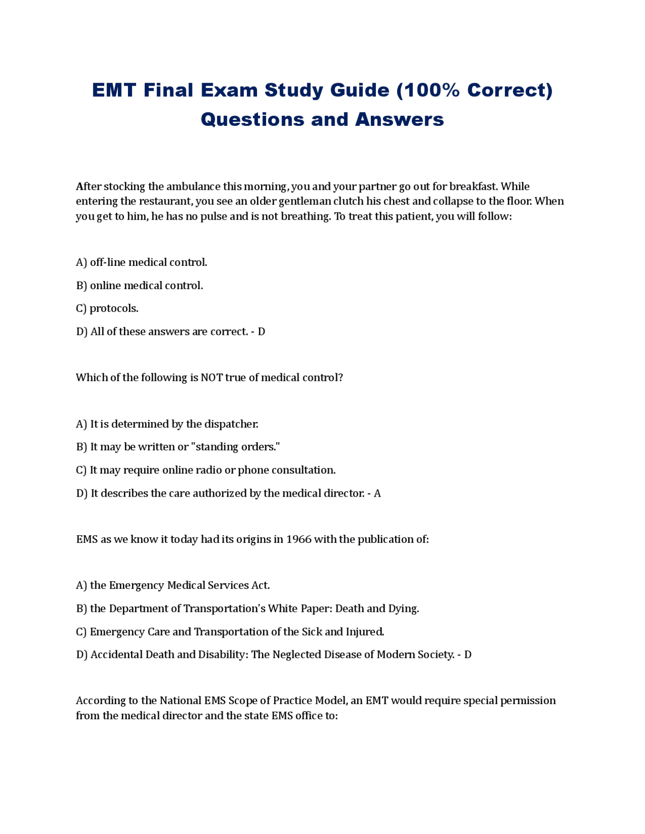EMT Final Exam Study Guide (100% Correct) Questions and Answers | Exams ...