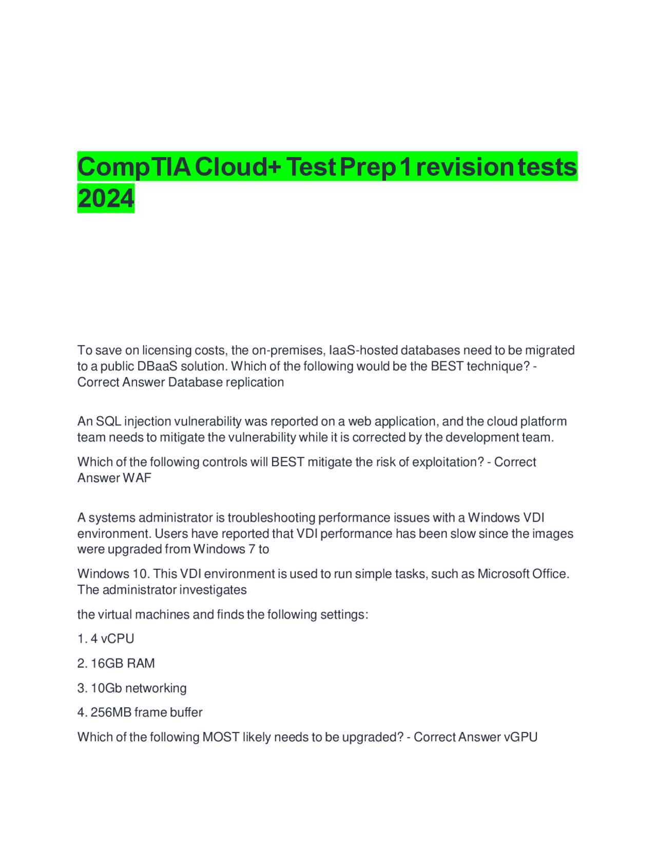 CompTIA Cloud+ Test Prep 1 revision tests 2024 | Exams Computer Science ...