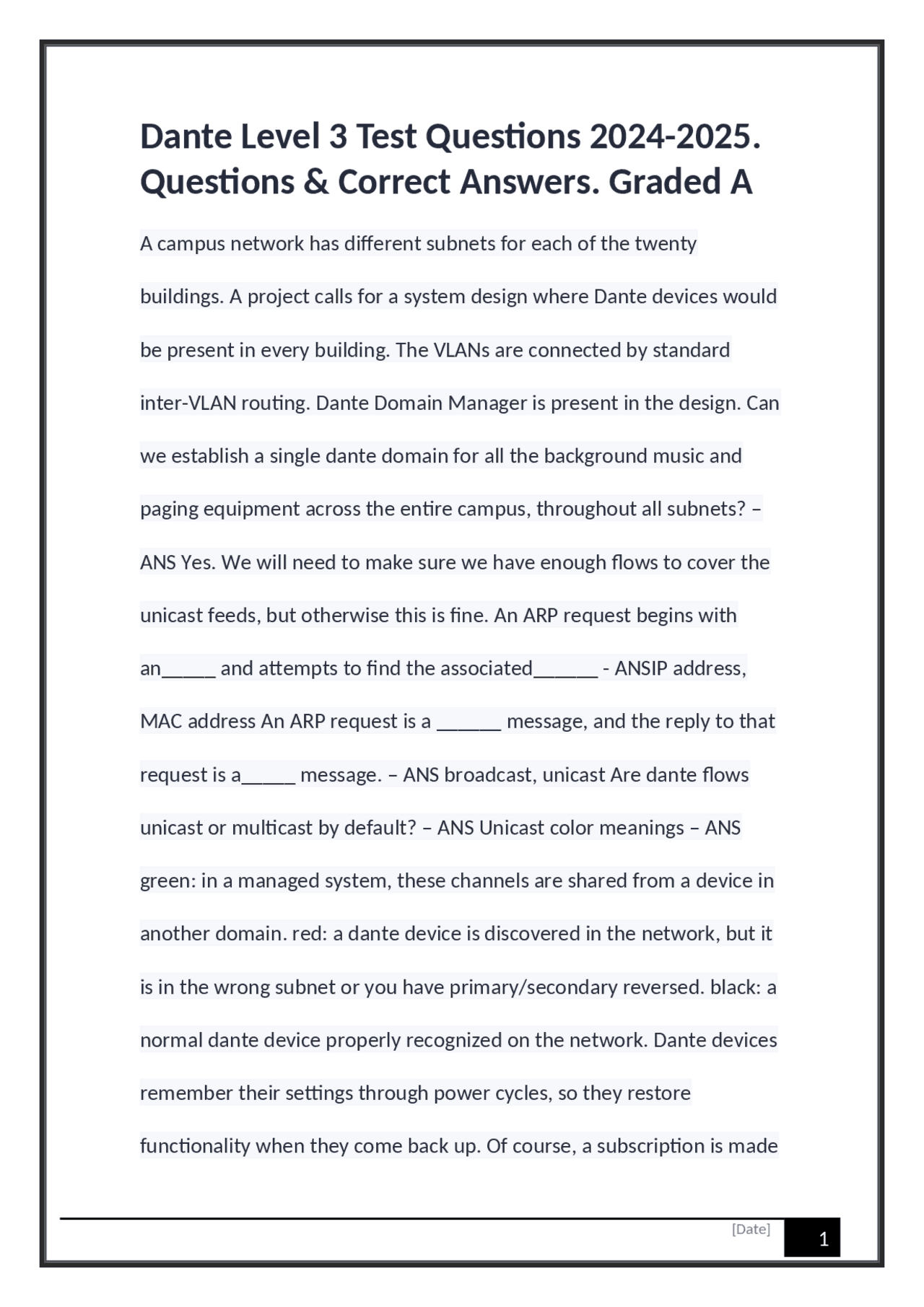 Dante Level 3 Test Questions 2024-2025. Questions & Correct Answers ...