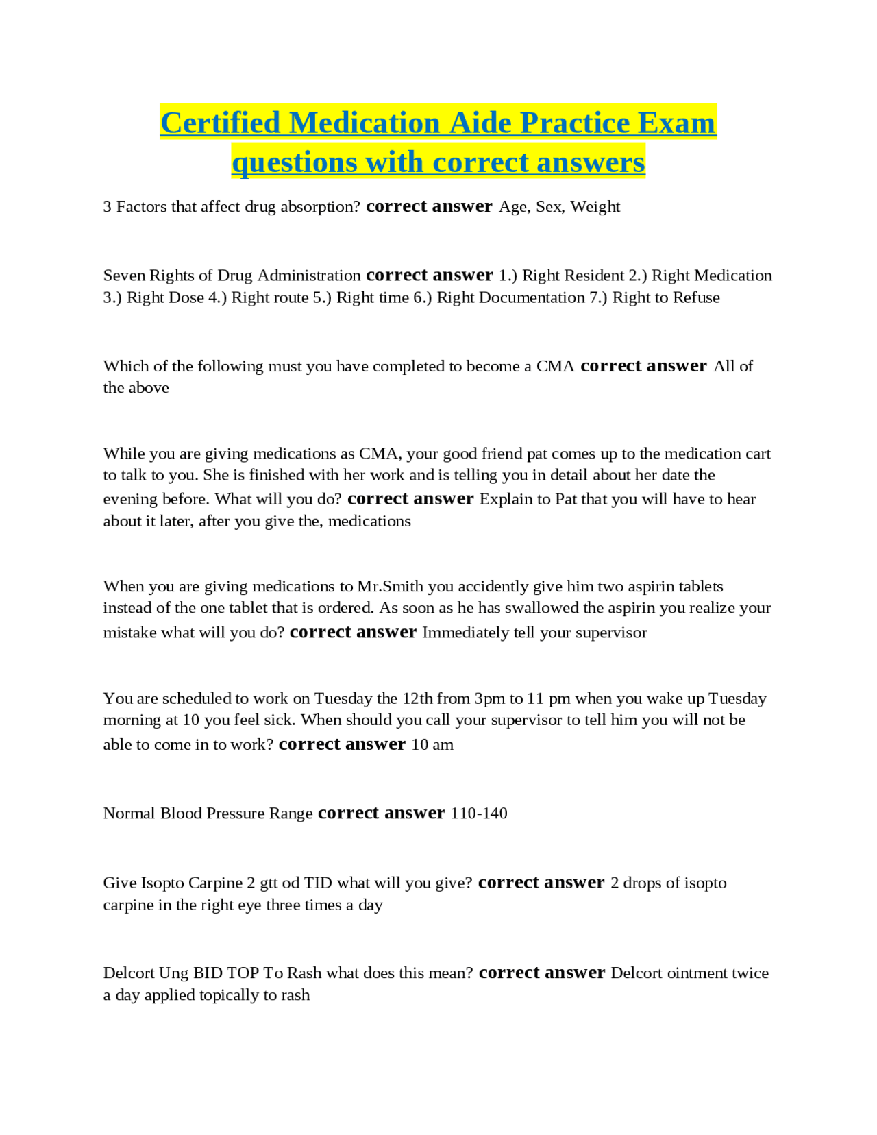 Certified Medication Aide Practice Exam Questions and Answers | Exams ...