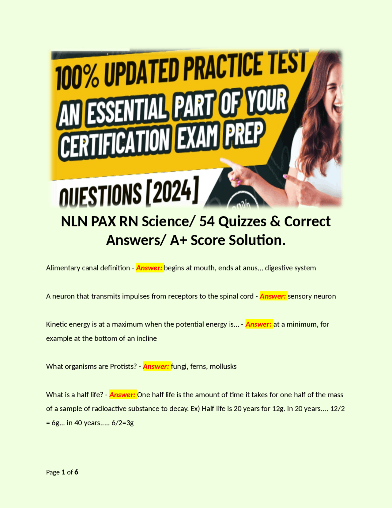 NLN PAX RN Science: 54 Quizzes & Correct Answers | Exams Nursing | Docsity