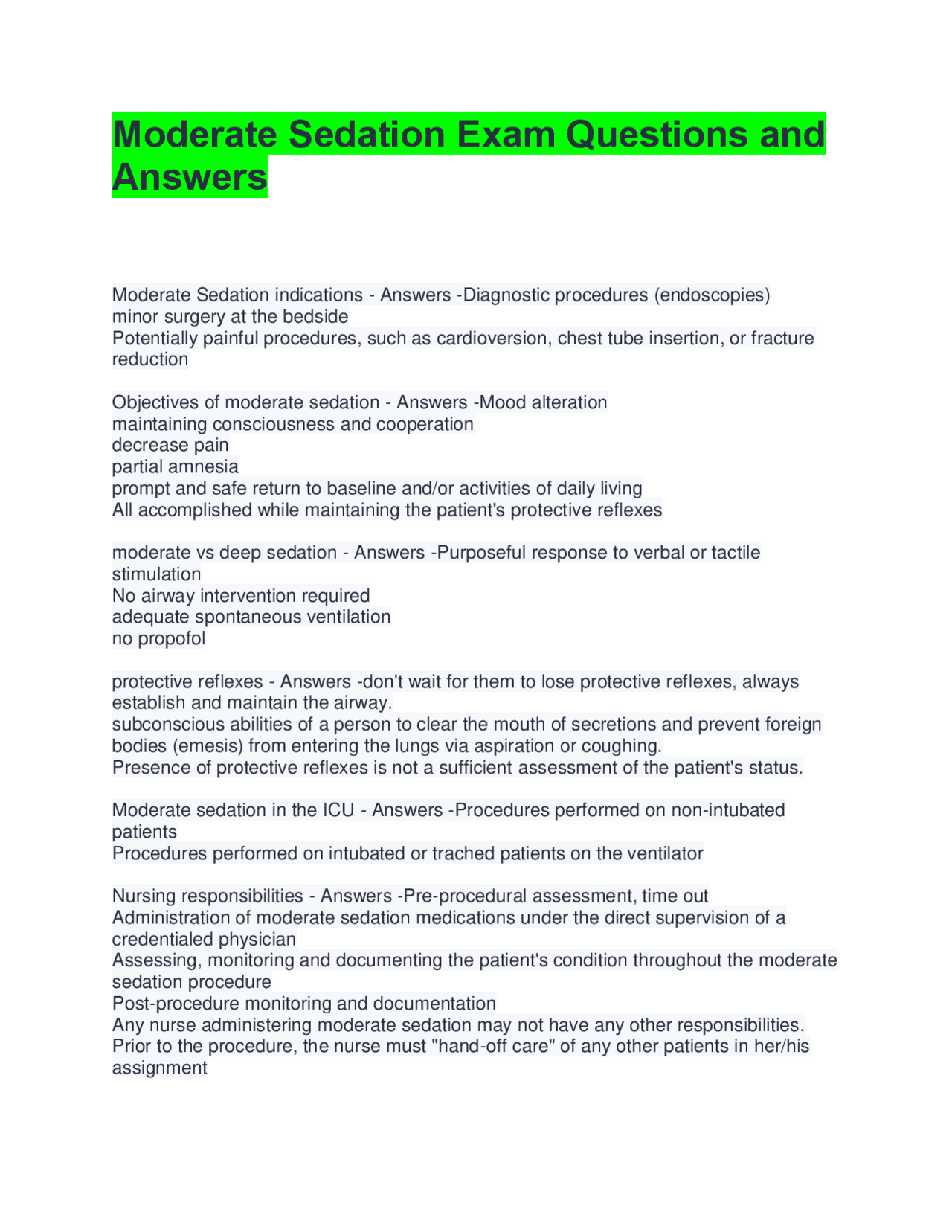 Moderate Sedation Exam Questions and Answers | Exams Advanced Education ...