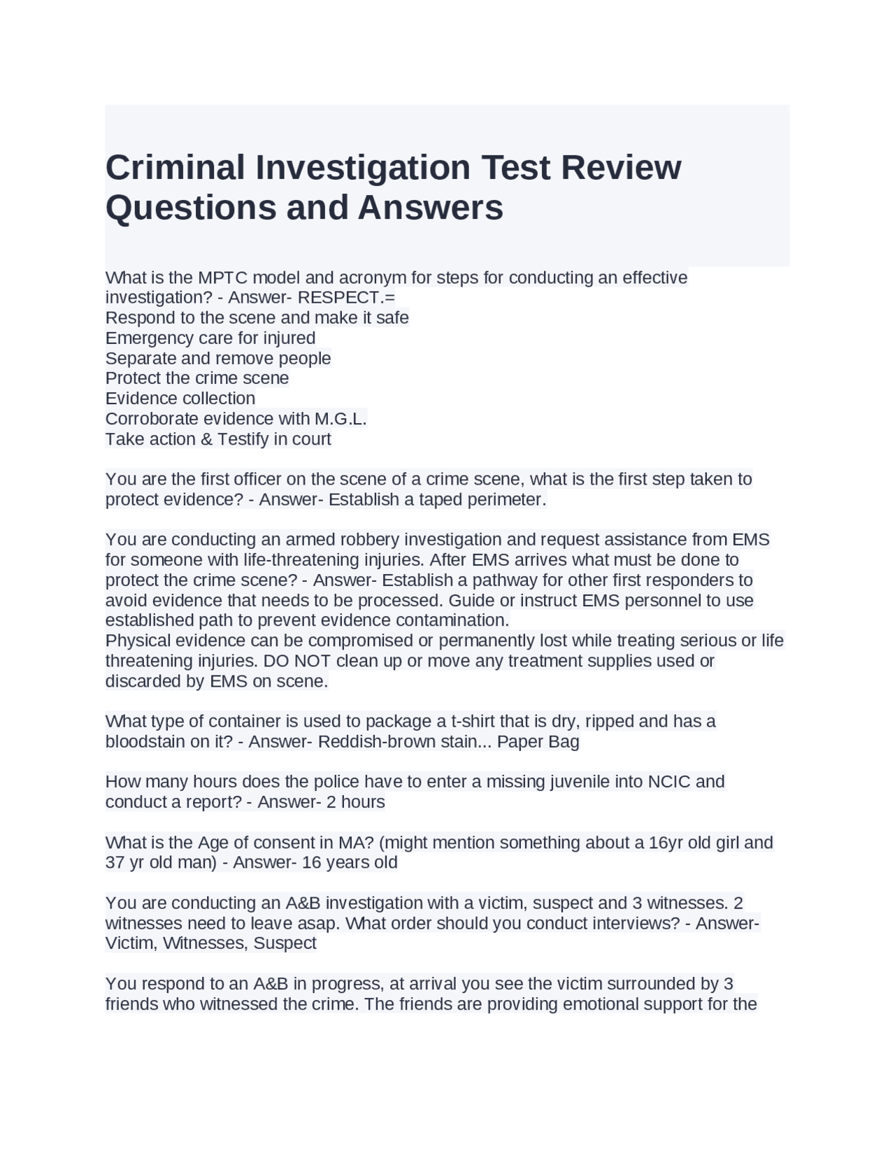 Criminal Investigation Test Review: Questions & Answers for Law ...