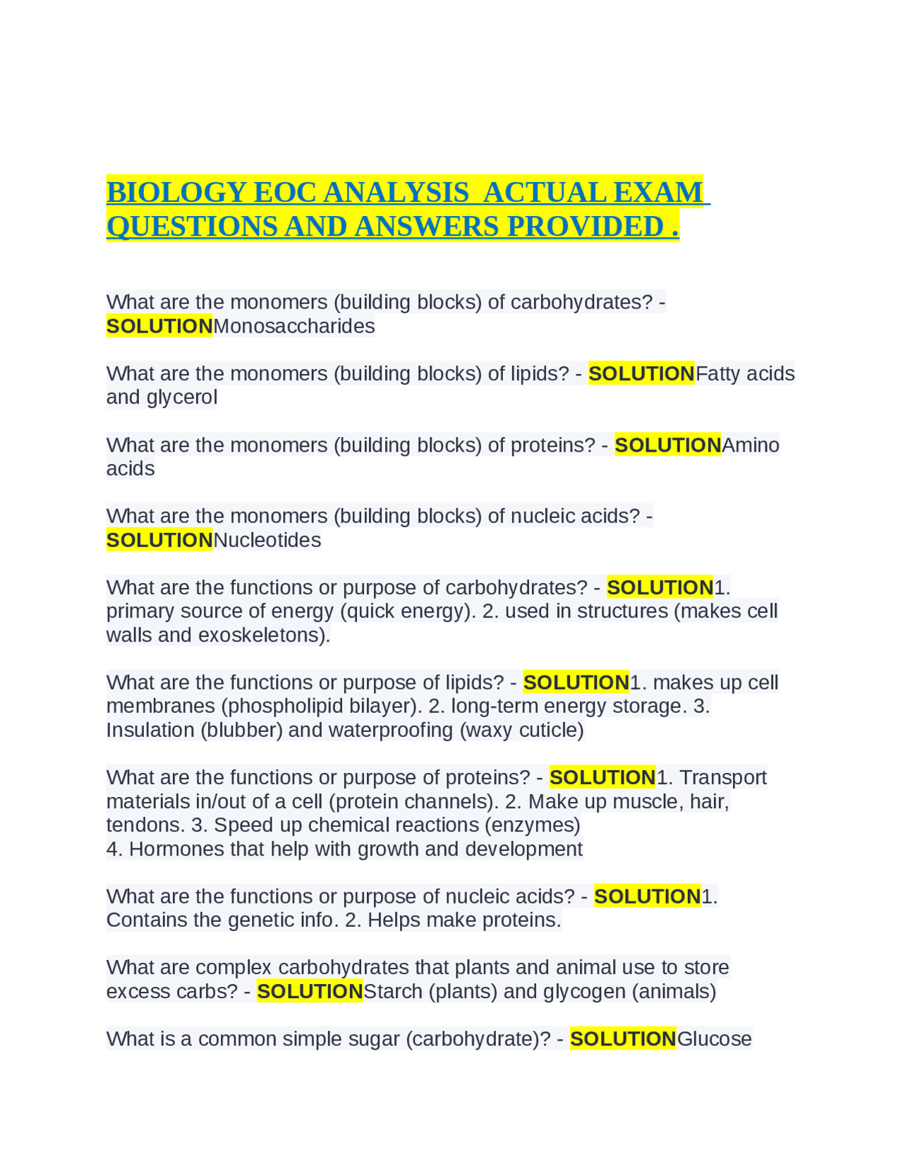 BIOLOGY EOC ANALYSIS ACTUAL EXAM QUESTIONS AND ANSWERS PROVIDED | Exams ...