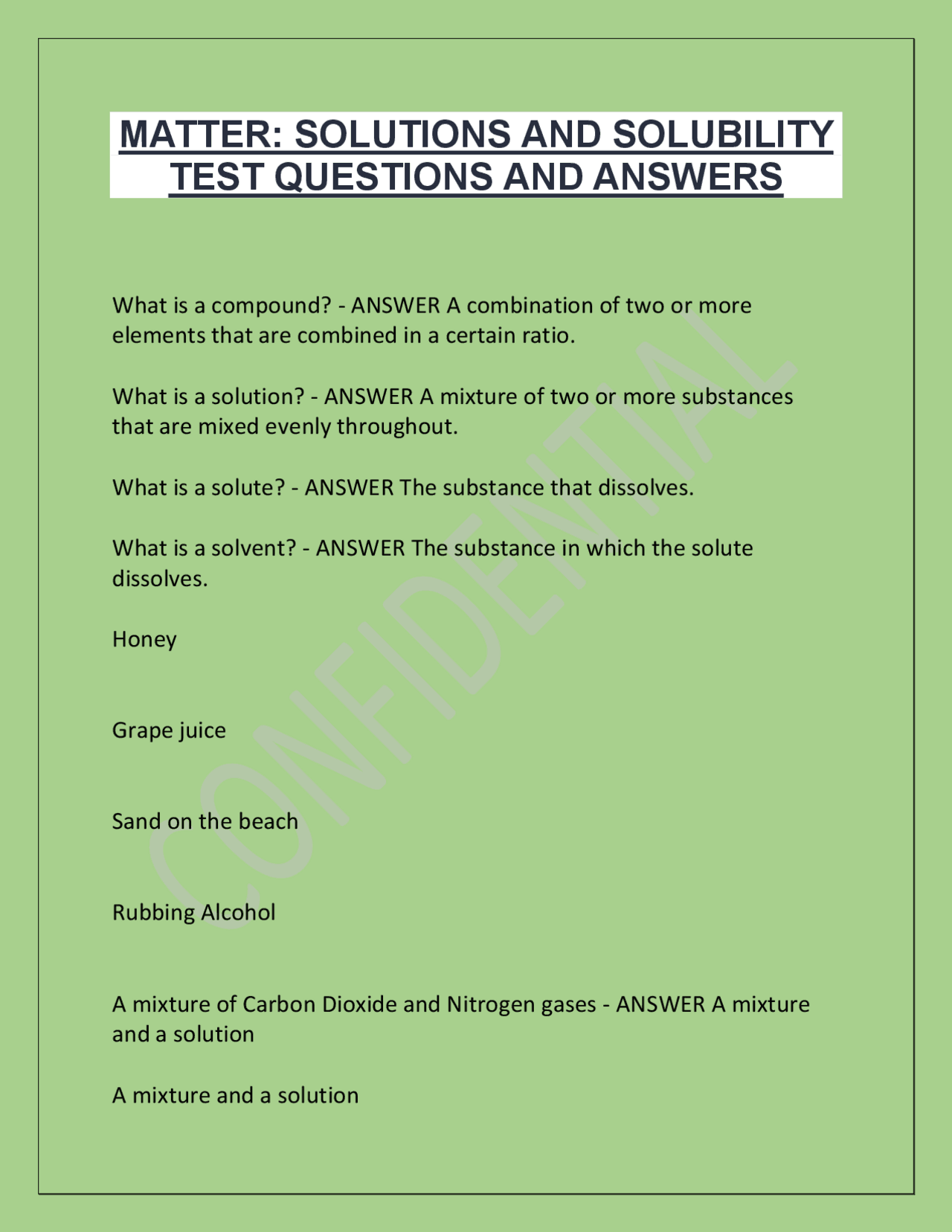 Solutions and Solubility: Chemistry Test Questions and Answers | Exams ...