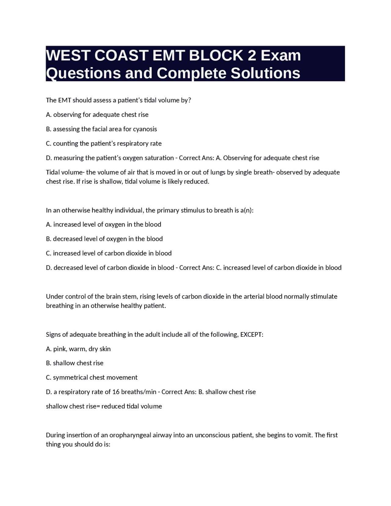 WEST COAST EMT BLOCK 2 Exam Questions and Complete Solutions | Exams ...
