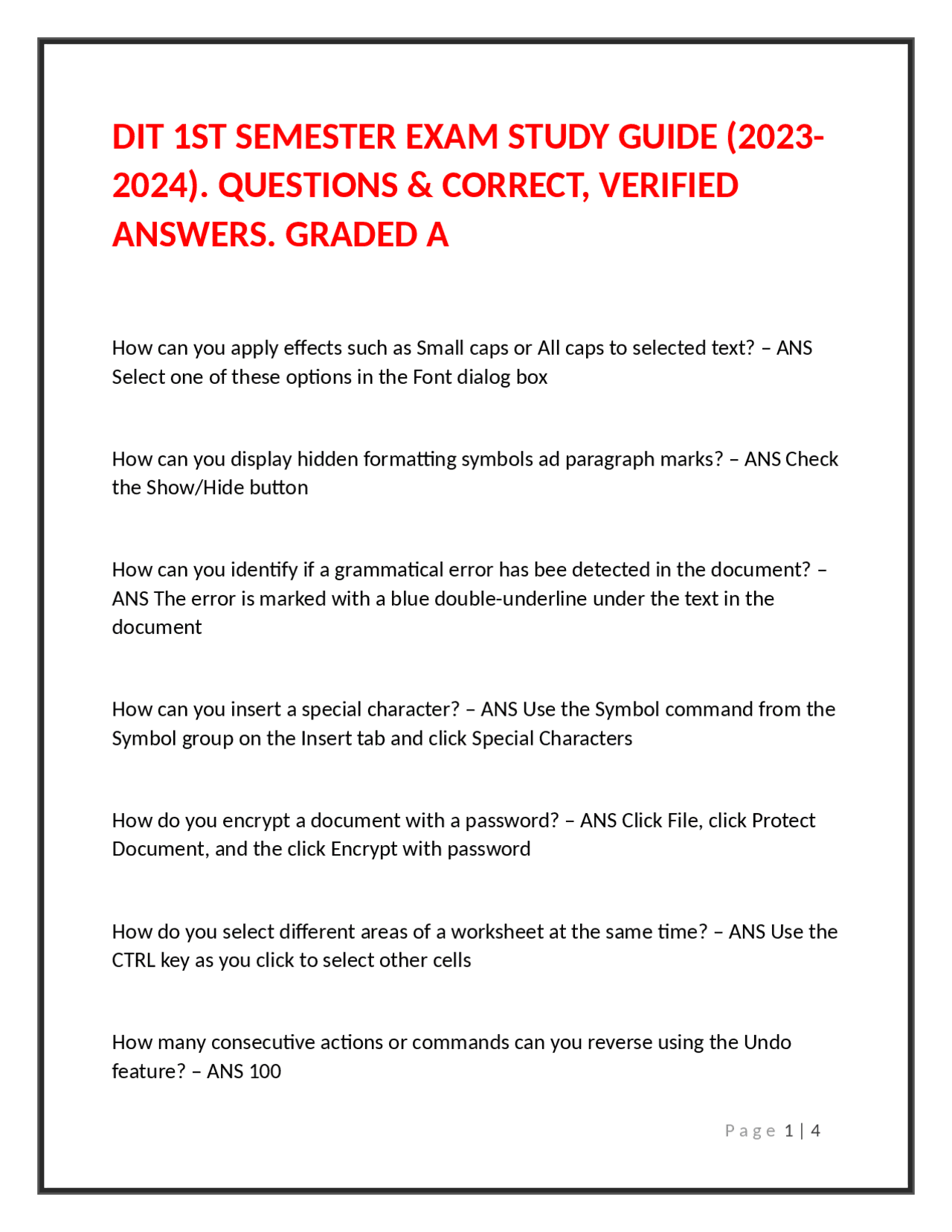 DIT 1st Semester Exam Study Guide: Microsoft Word and Excel Questions ...