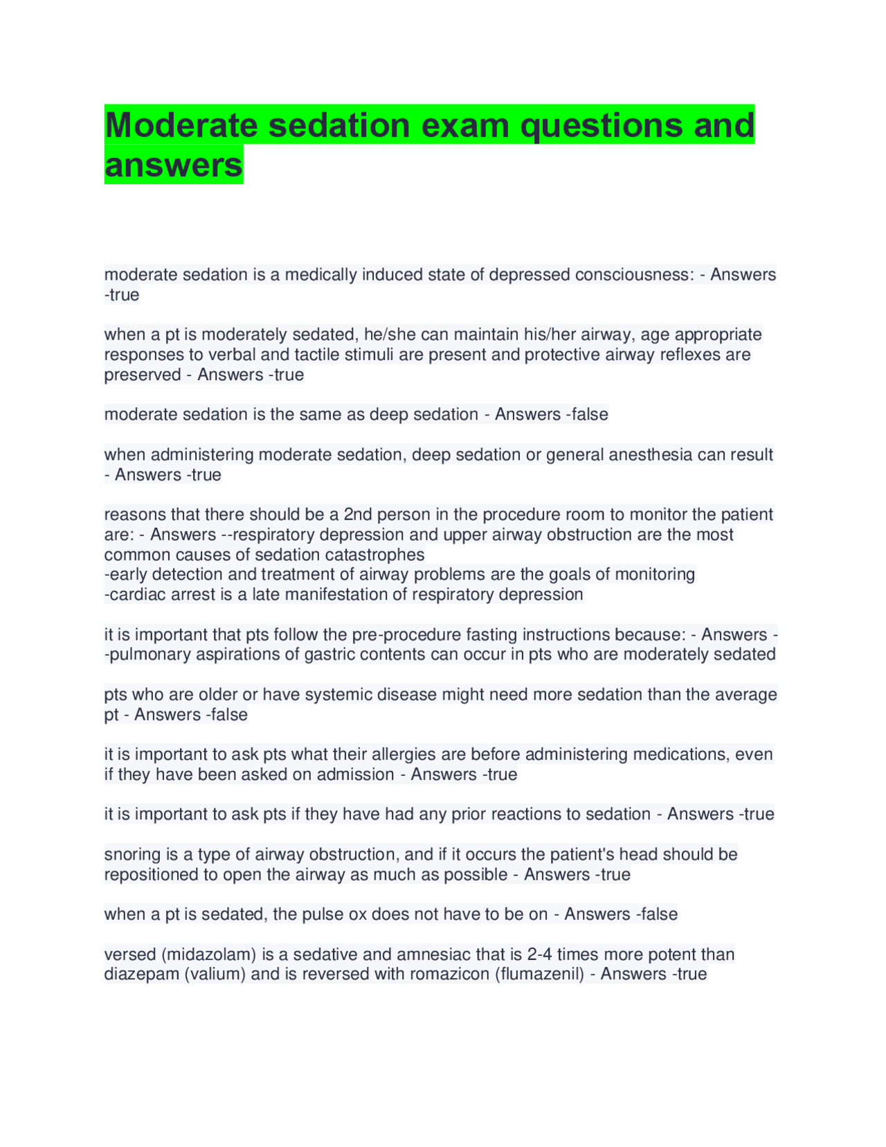 Moderate Sedation Exam Questions and Answers | Exams Advanced Education ...