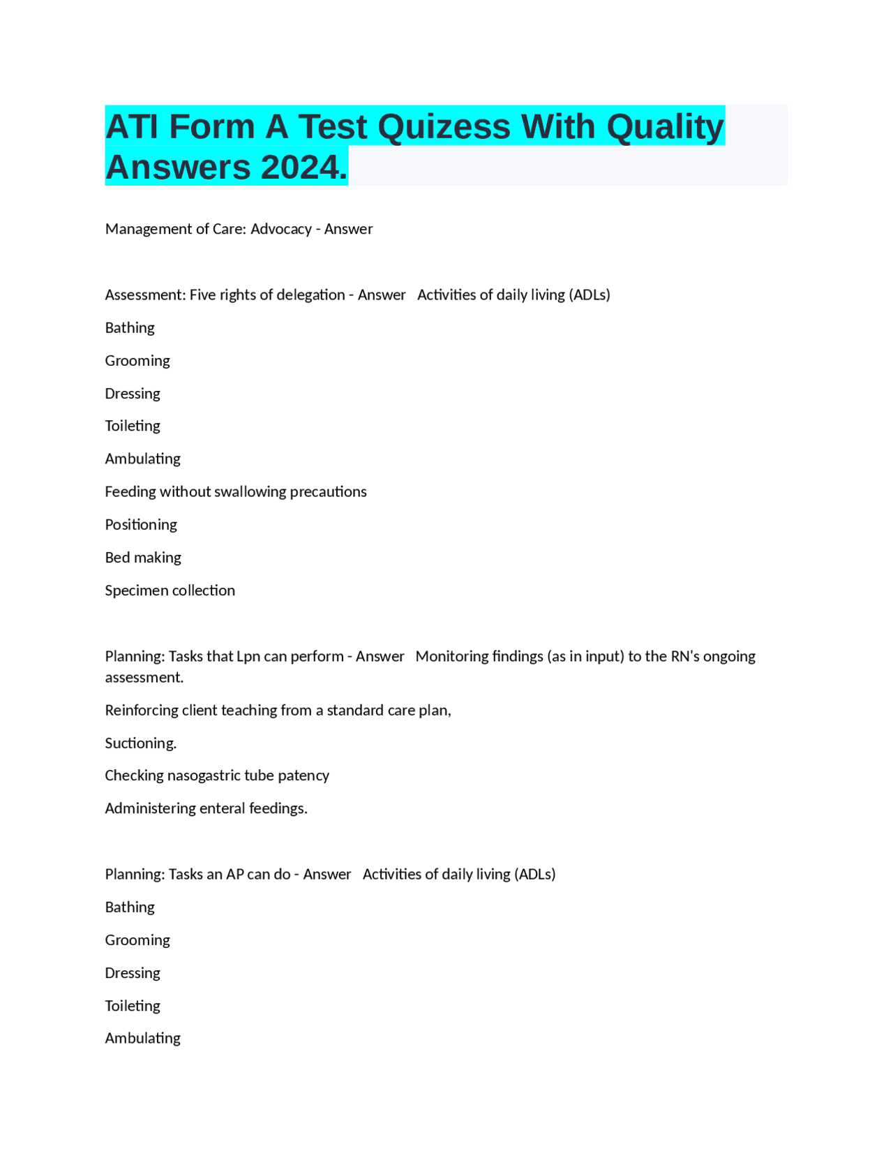 ATI Form A Test Quizzes: Management of Care, Client Rights, and Legal ...