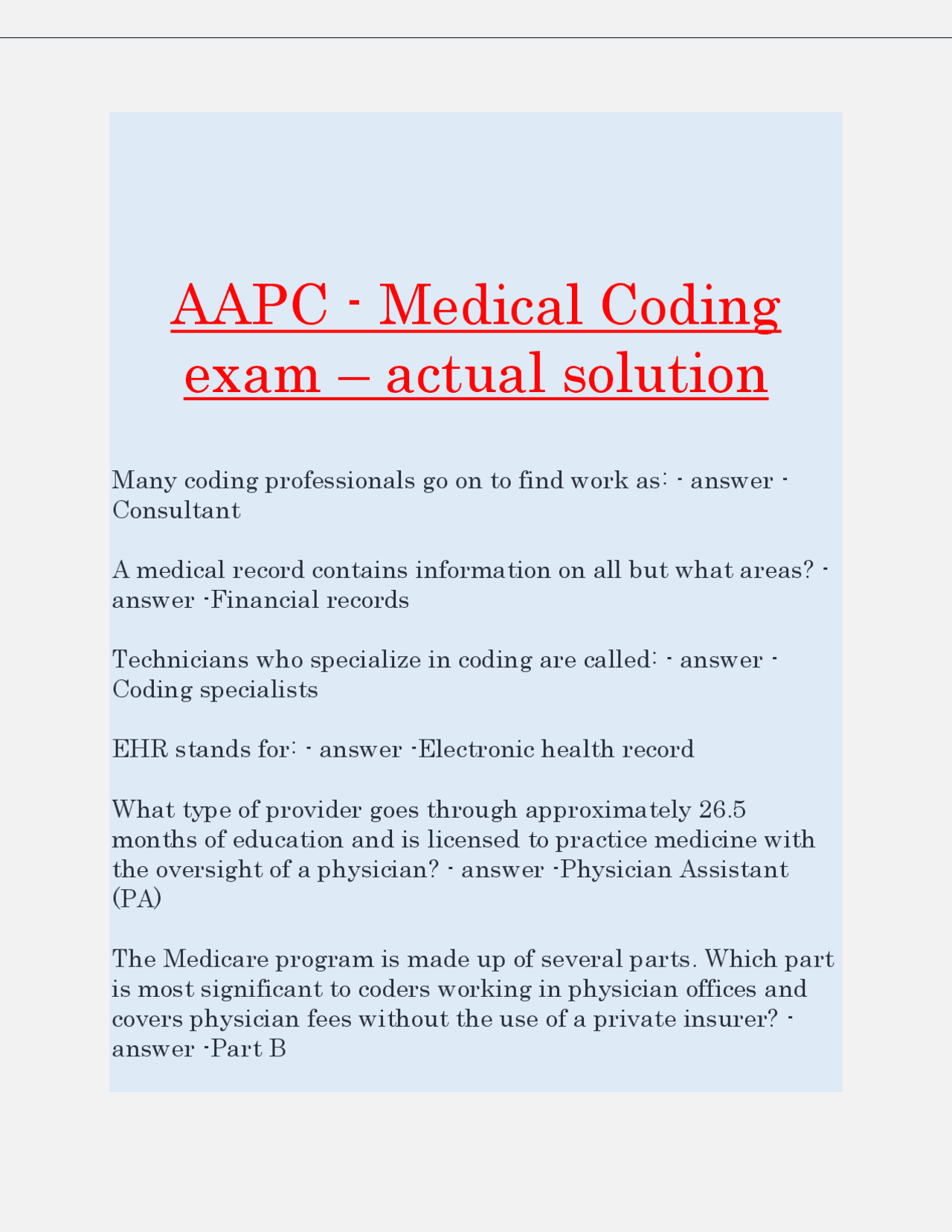 AAPC Medical Coding Exam - Actual Solutions | Exams Nursing | Docsity