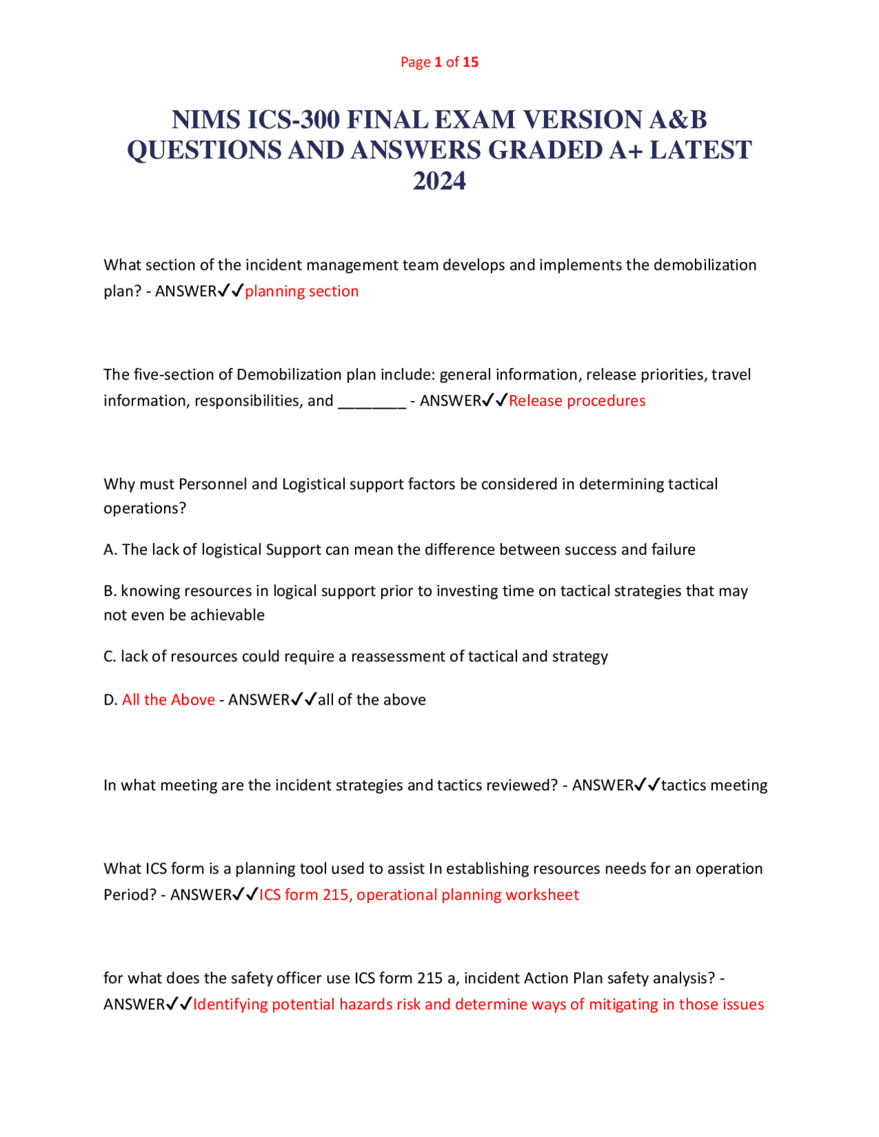 NIMS ICS-300 Final Exam Questions and Answers | Exams Nursing | Docsity