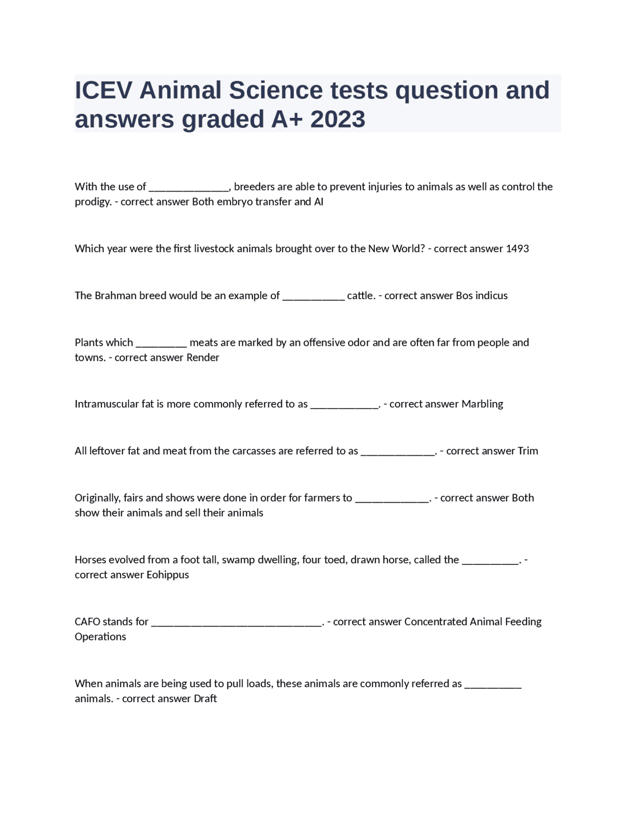 Animal Science Test Questions and Answers | Exams Nursing | Docsity