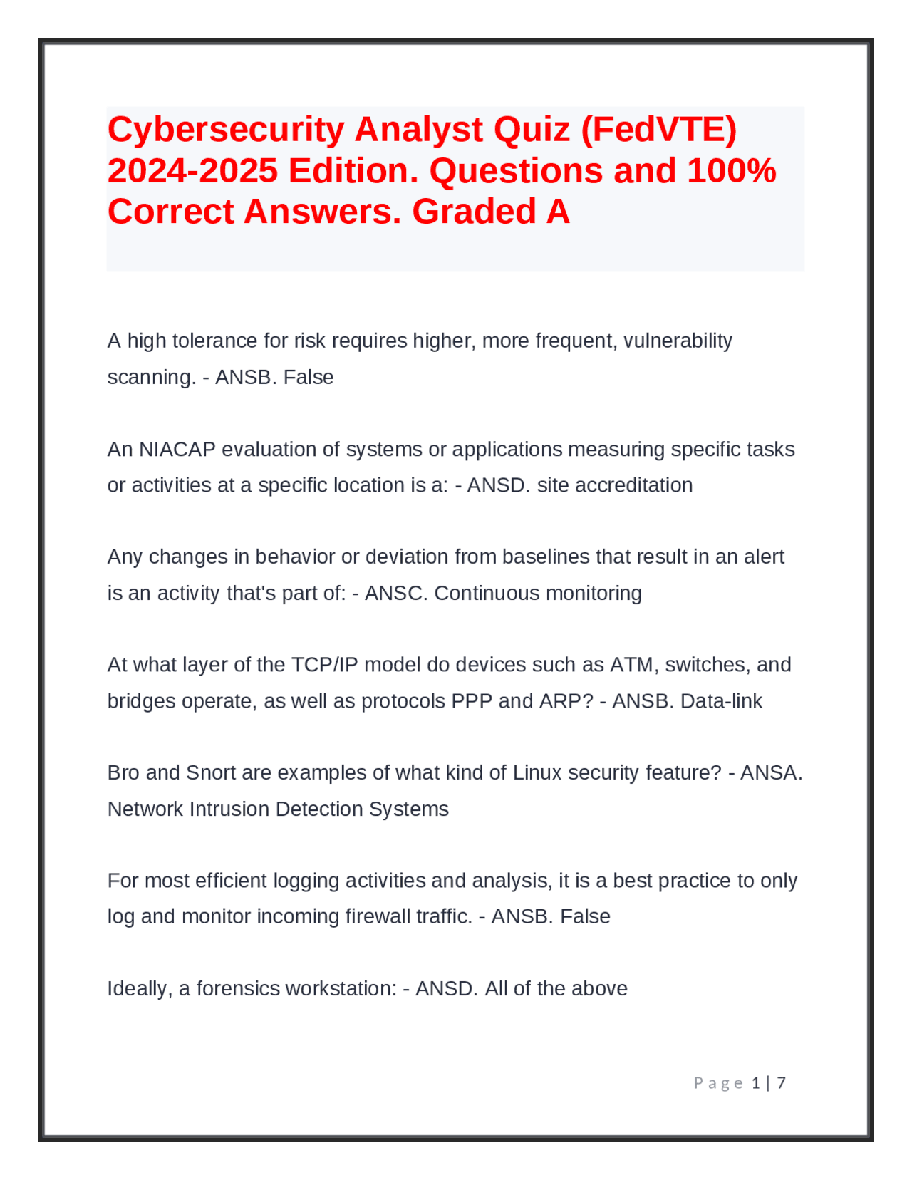 Cybersecurity Analyst Quiz (FedVTE) 2024-2025 Edition. Questions and ...