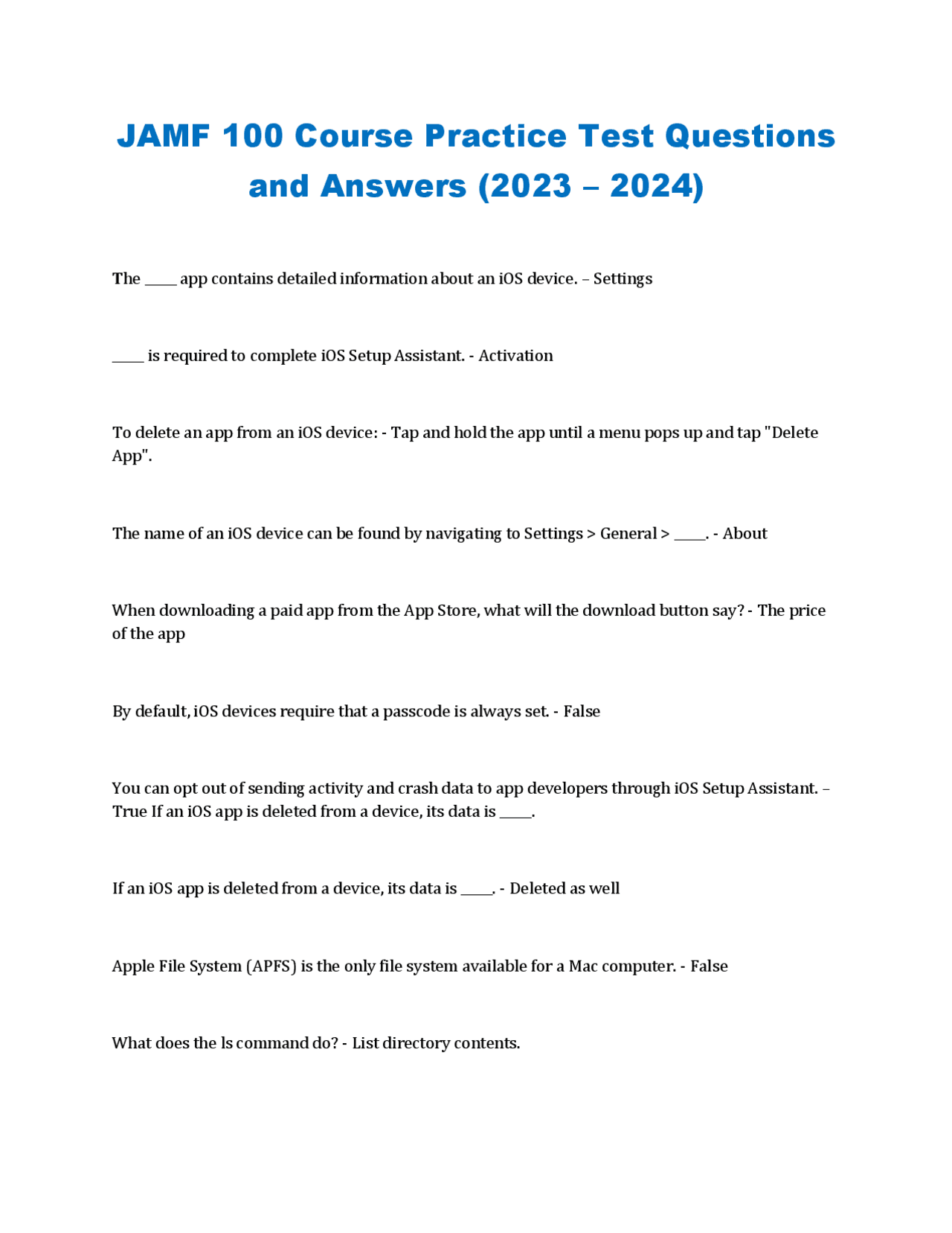 JAMF 100 Course Practice Test Questions and Answers (2023 – 2024 ...